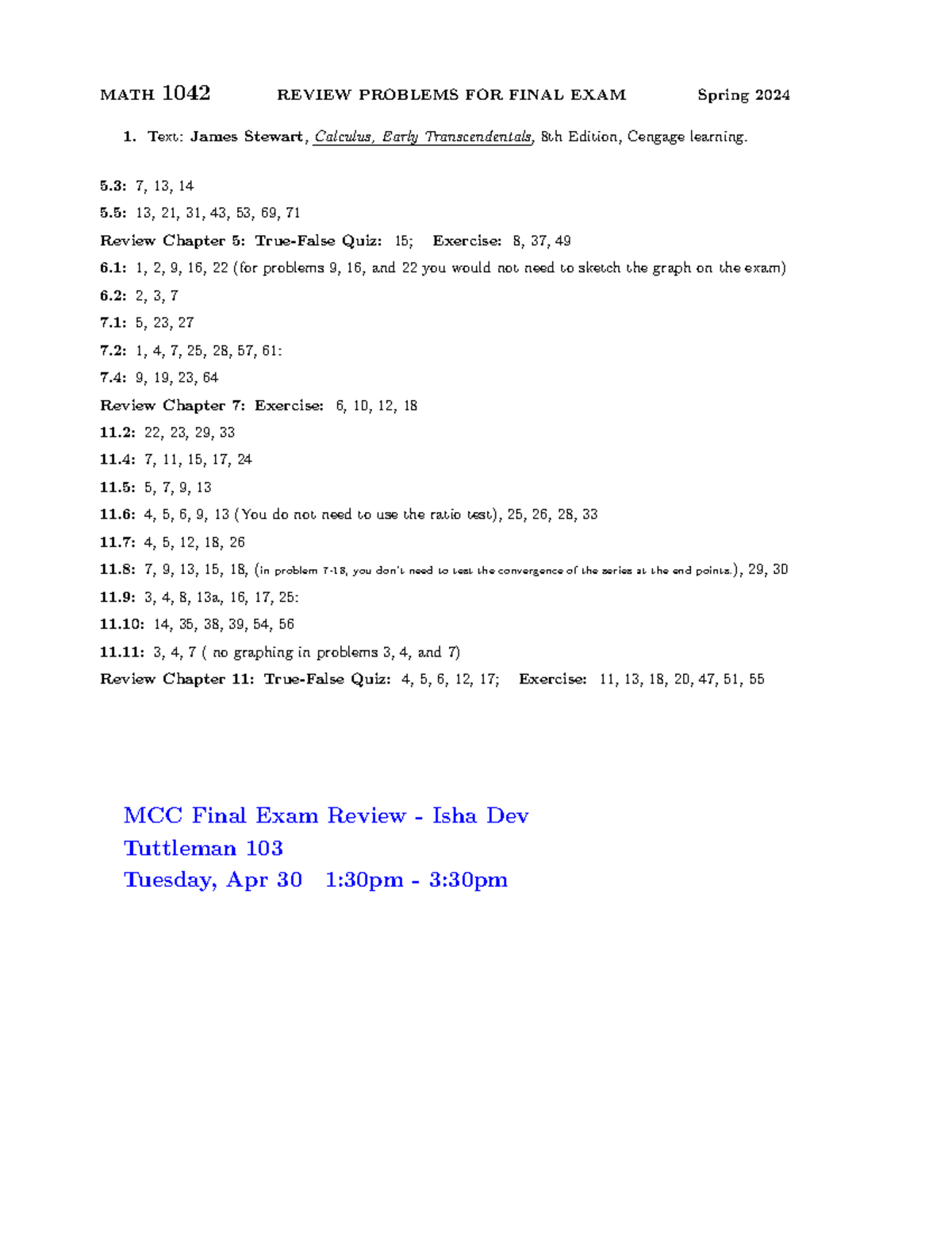 1042Review Final Sp 24 - MATH 1042 REVIEW PROBLEMS FOR FINAL EXAM Spring 2024 Text: James ...