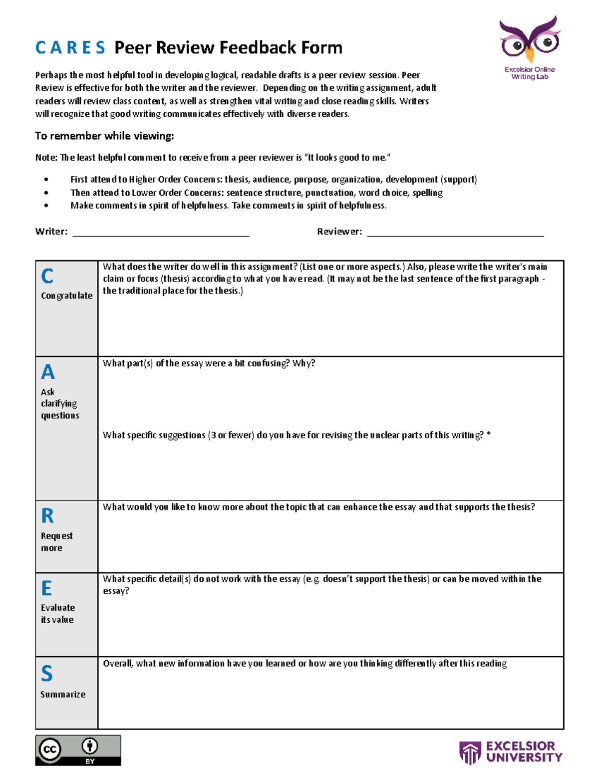 Cares Peer Review Feedback Form - C A R E S Peer Review Feedback Form ...