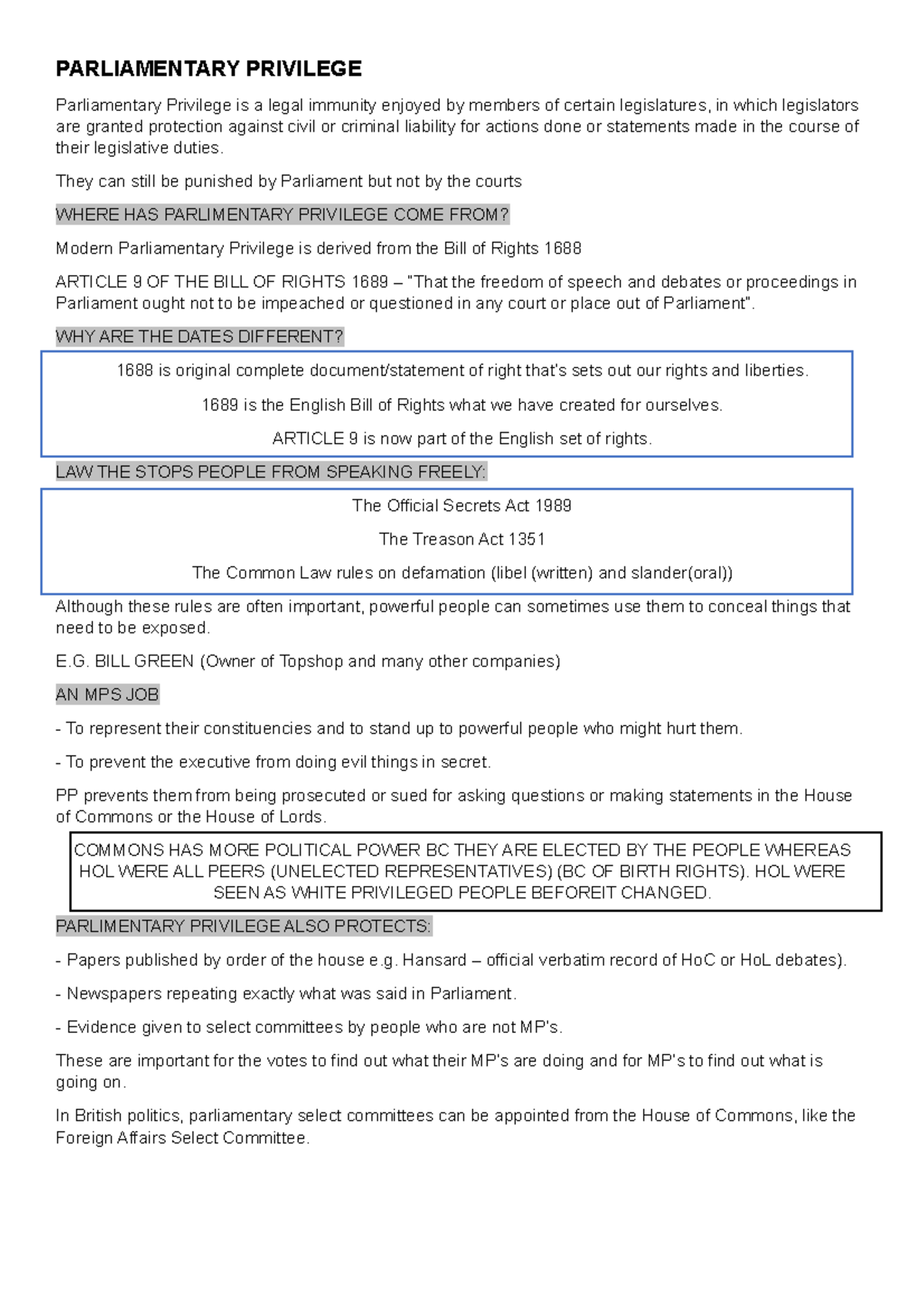 Parlimentiary privilege lecture notes - PARLIAMENTARY PRIVILEGE ...