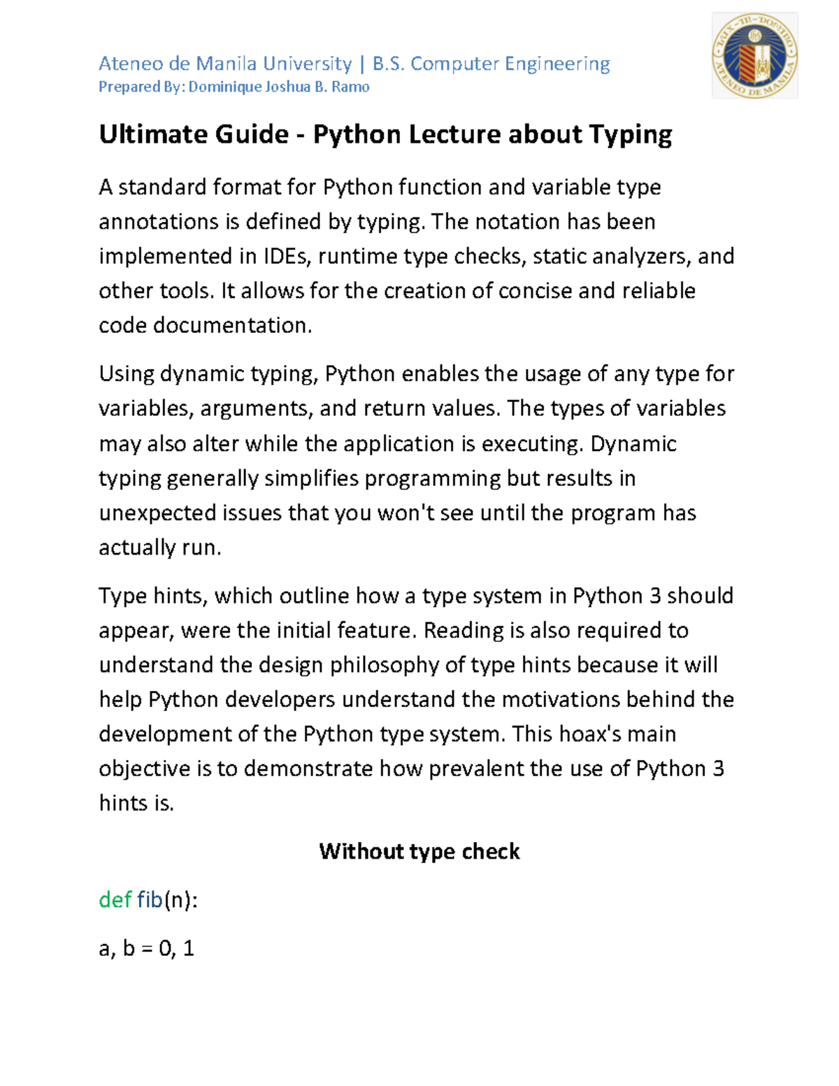 Study Guide - Python Lecture about Typing - Ultimate Guide - Python Lecture about Typing A ...