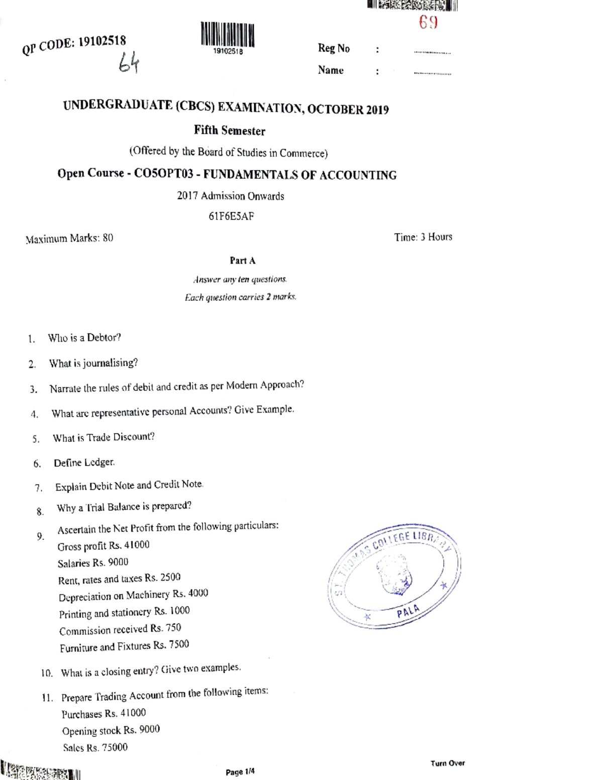 Fundamentals of accounting question paper for ug students 2017 batch ...