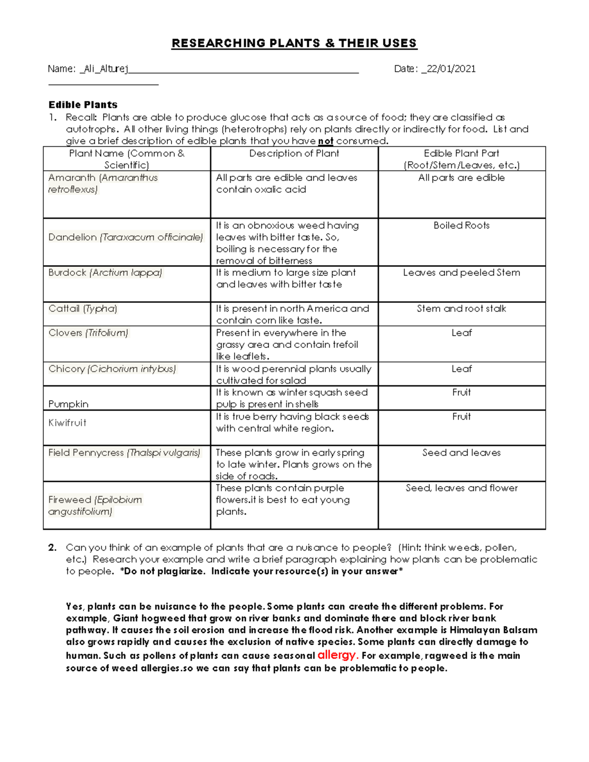 Medicinal Plants Assignment - RESEARCHING PLANTS & THEIR USES Name ...