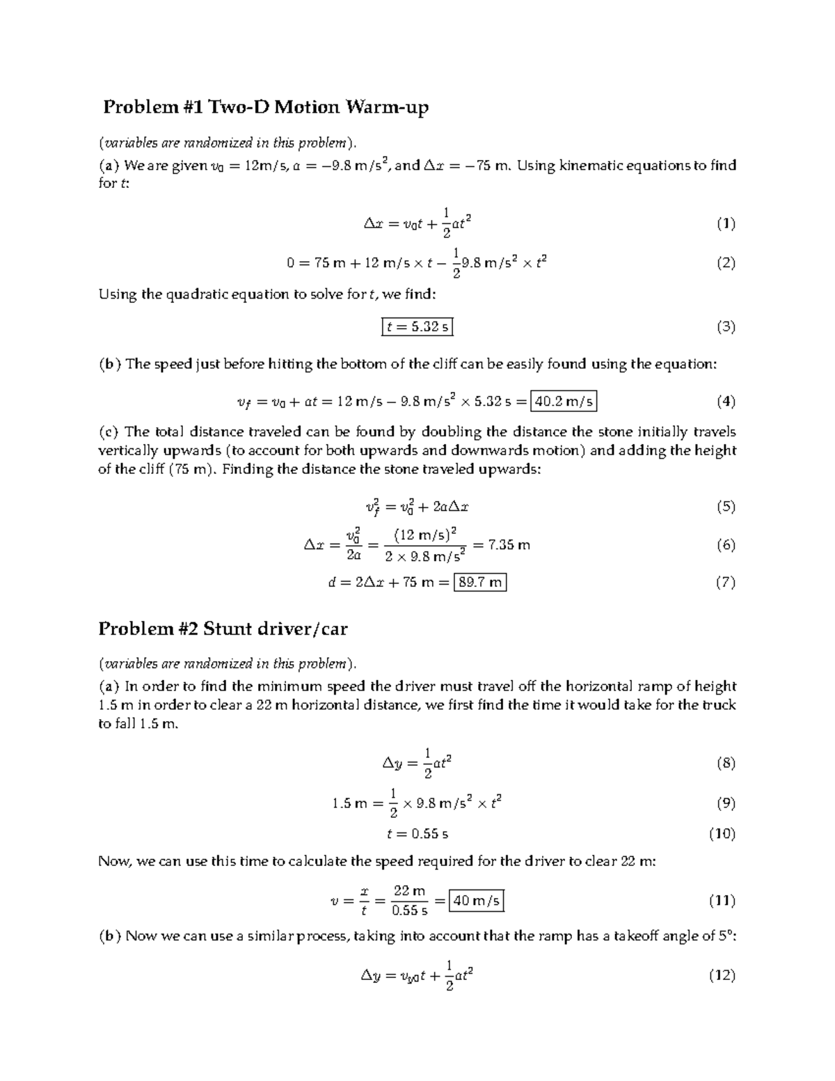 PHYS1425 - Homework 2 Answers - Problem #1 Two-D Motion Warm-up (variables are randomized in ...