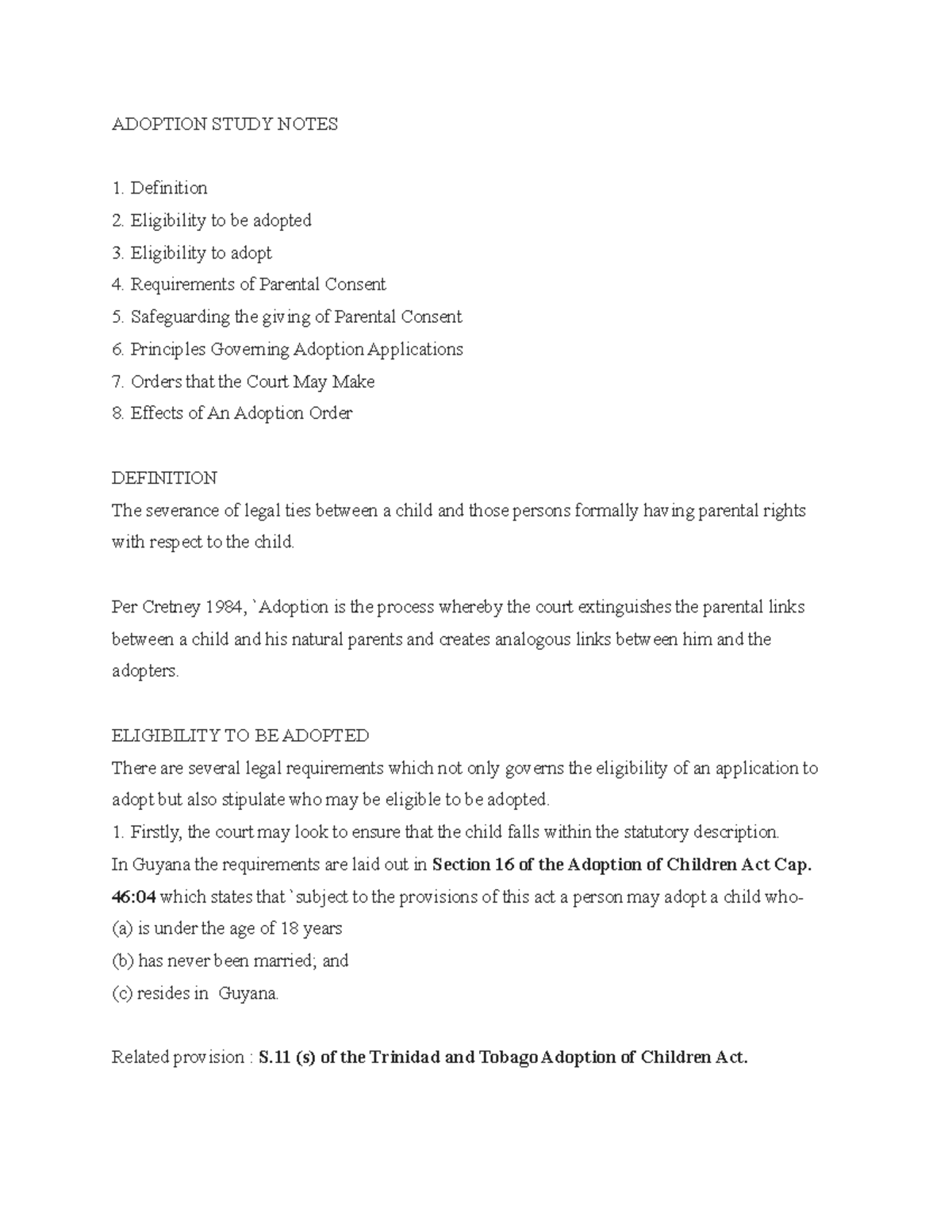 Adoption Study Notes - Family Law - ADOPTION STUDY NOTES Definition ...