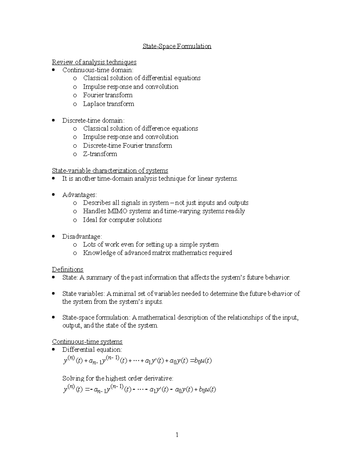 Formulation - State-Space Formulation Review of analysis techniques ...