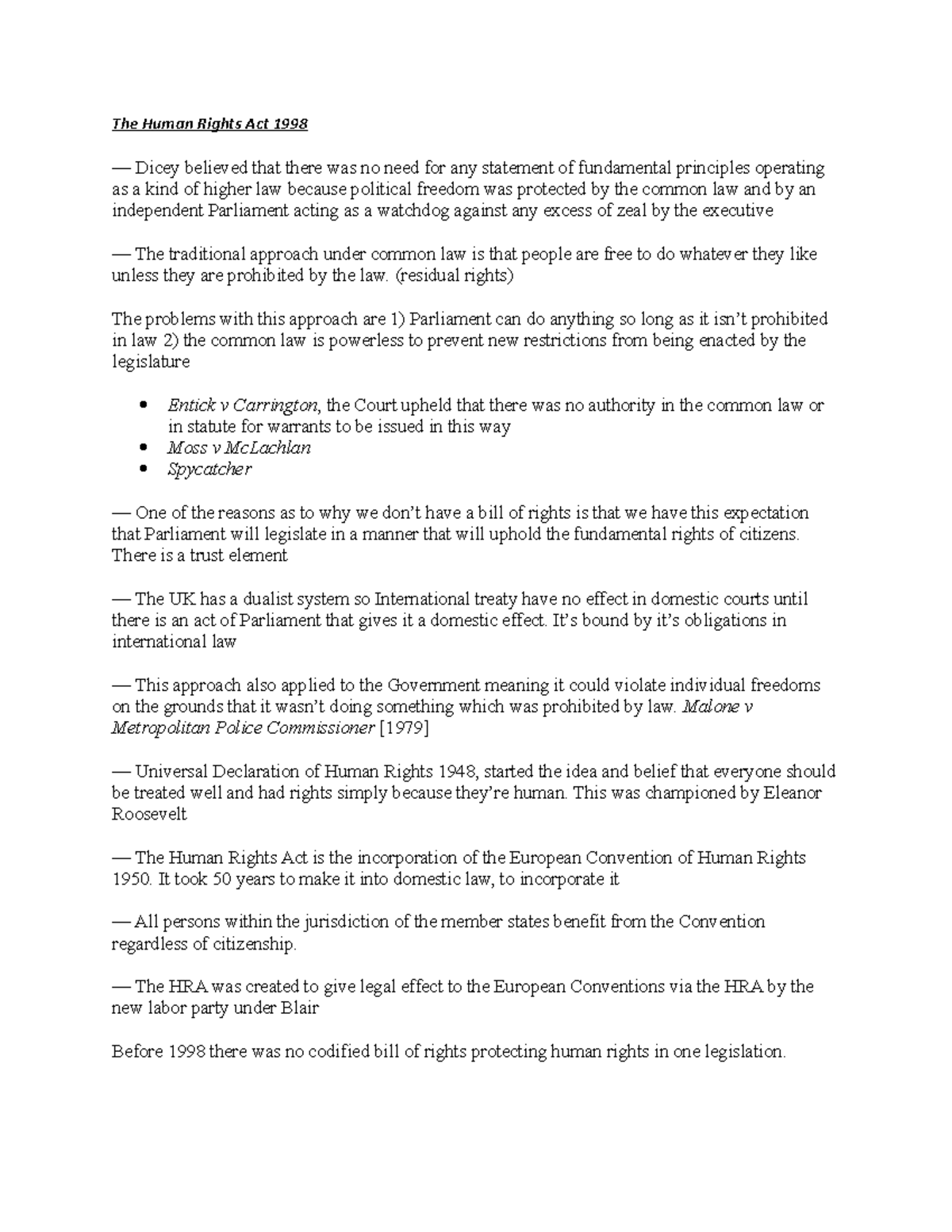 The Human Rights Act 1998 - The Human Rights Act 1998 — Dicey believed ...