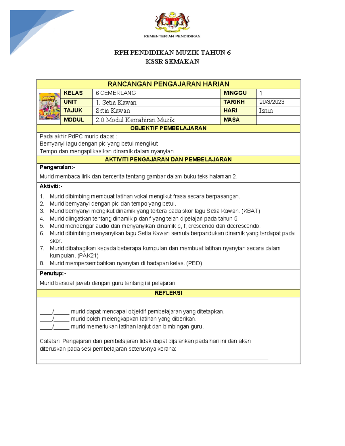 RPH MZK THN 6 NEW - CONTOH RPH MUZIK TAHUN 6 - RPH PENDIDIKAN MUZIK ...