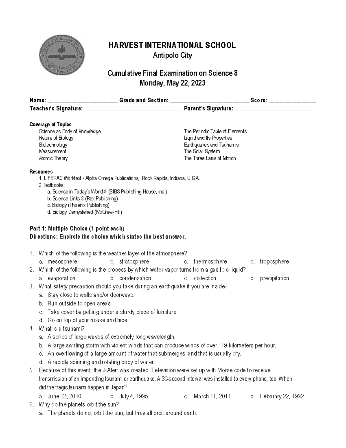 Science 8 CFE M. Laniohan 20222023 - Name ...