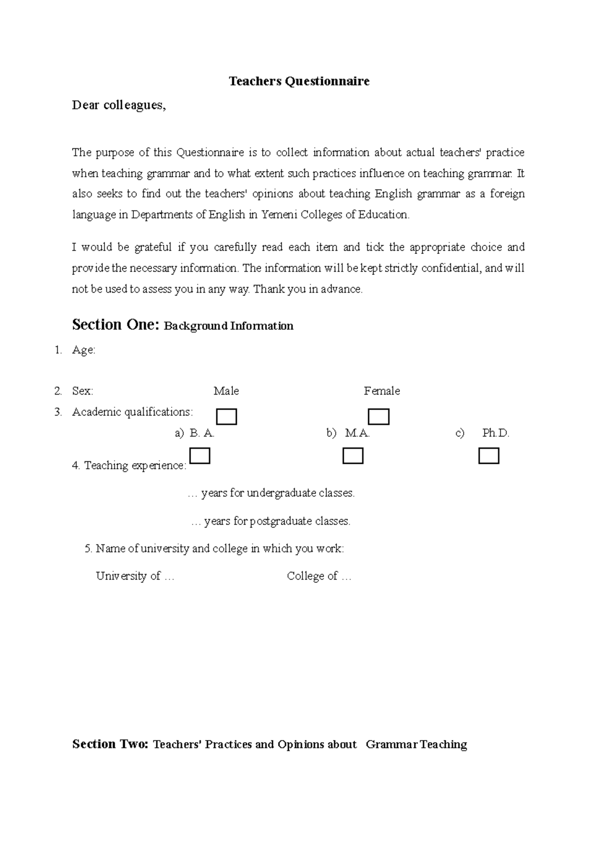 Teachers Questionnaire - Teachers Questionnaire Dear colleagues, The ...