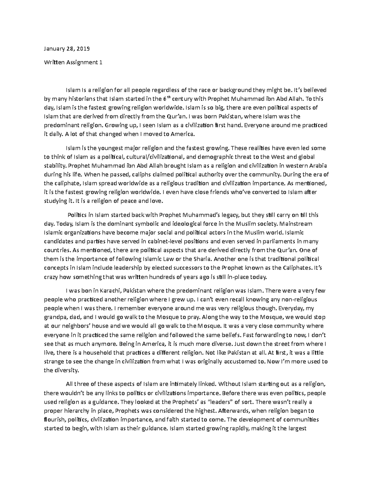 Written Assignment 1 - January 28, 2019 Written Assignment 1 Islam Is a ...