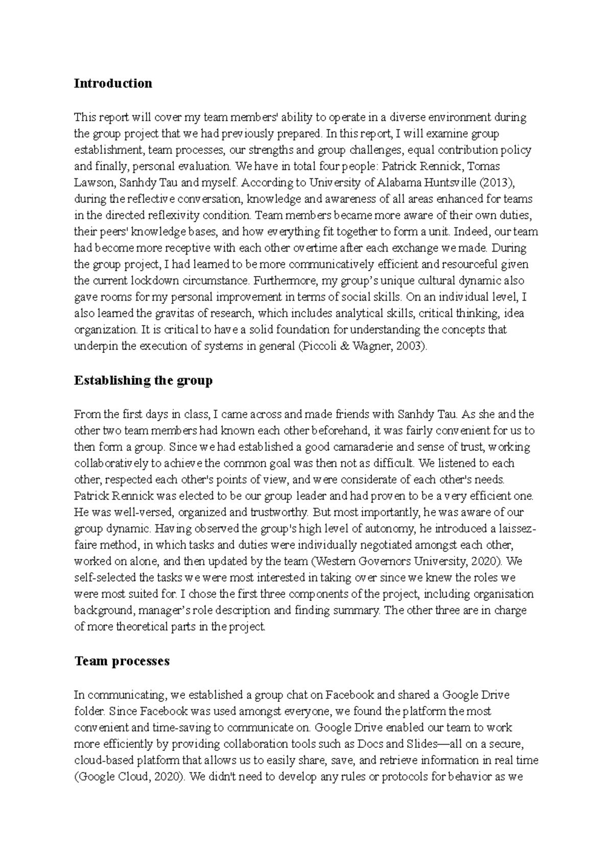 Academic Reflective Report Individual - Introduction to Management ...