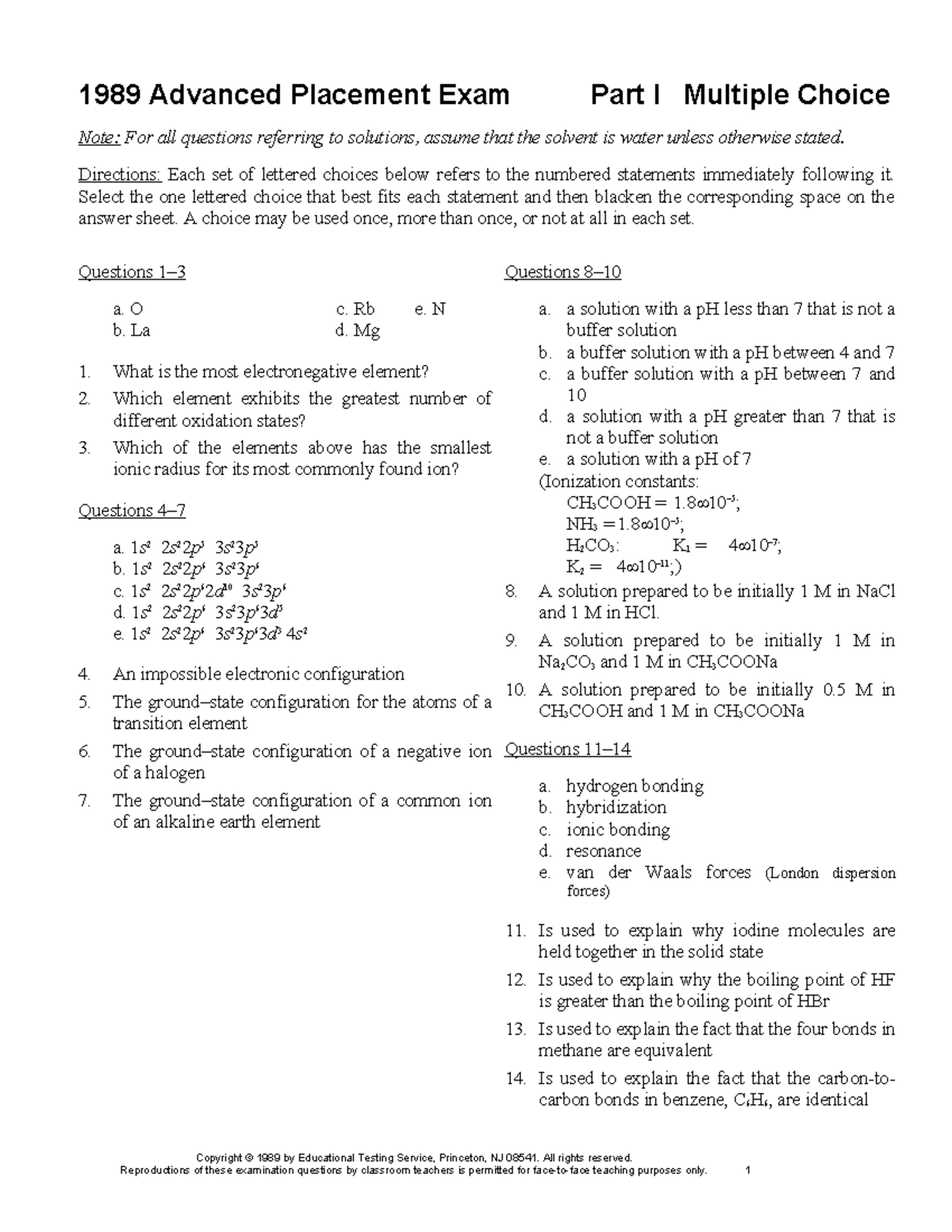 AP '89 Multiple Choice - 1989 Advanced Placement Exam Part I Multiple ...
