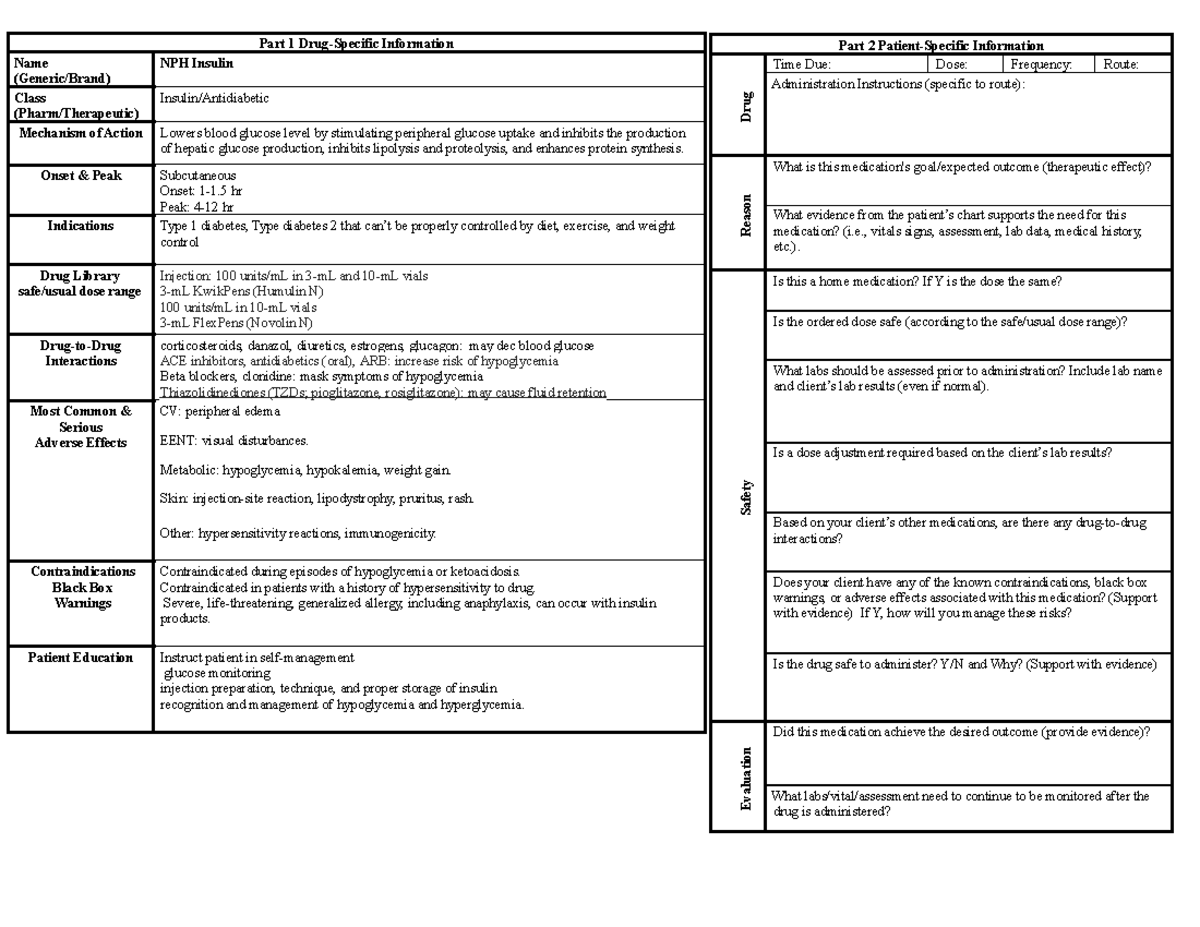 NPH Insulin - Med sheet - Part 1 Drug-Specific Information Name ...