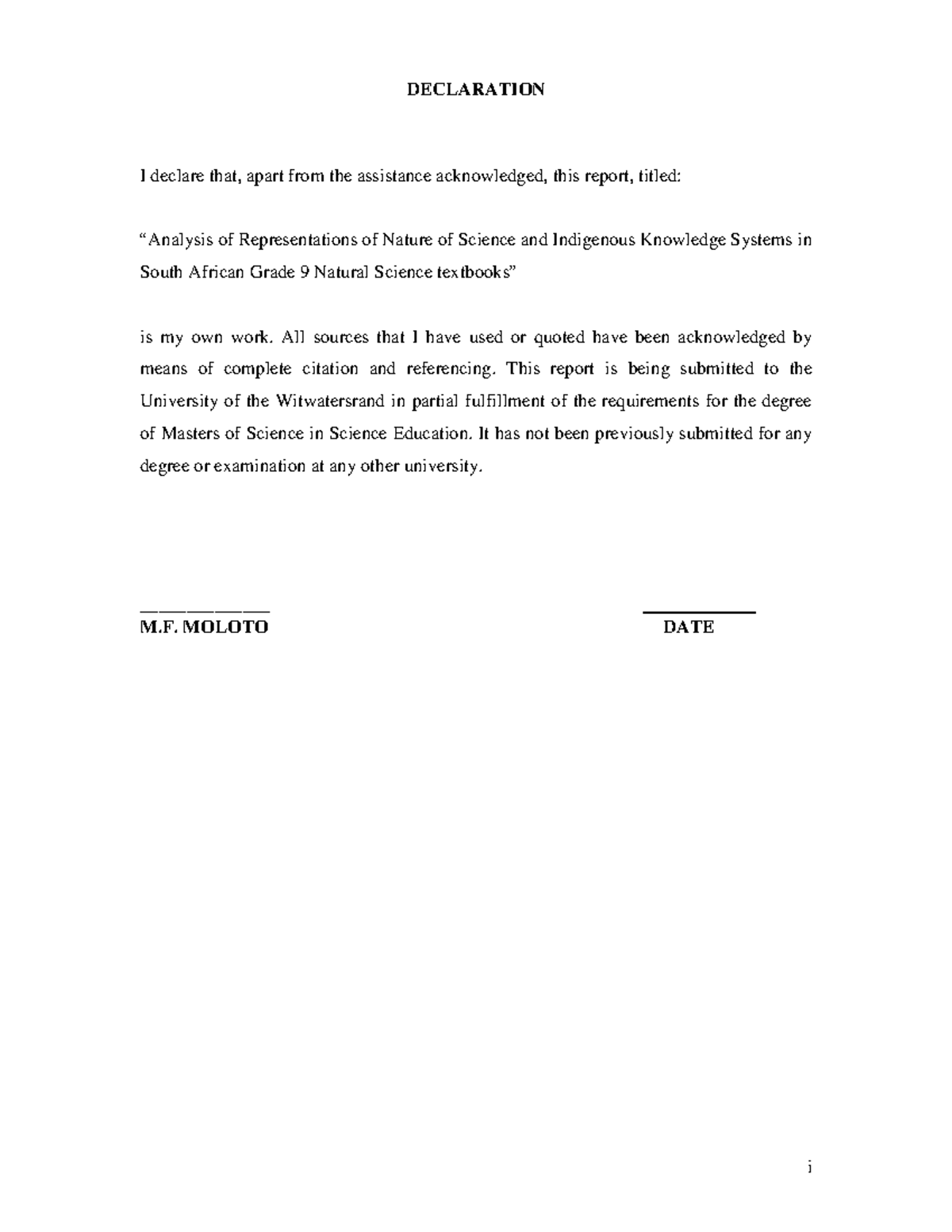 0616893 A Matlhodi abstract and contents page a - i DECLARATION I ...