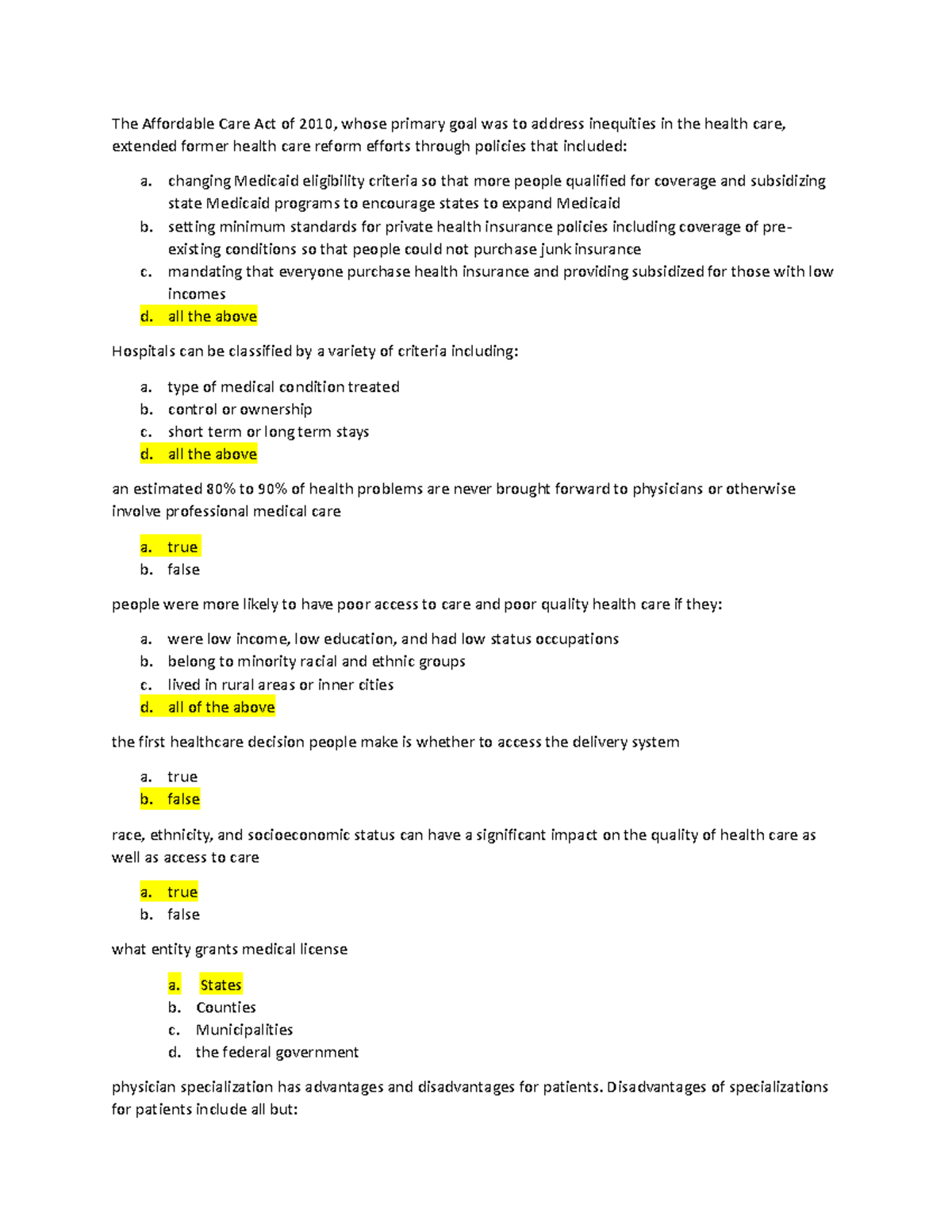 Chapter 2&3 Quiz - Quiz questions - The Affordable Care Act of 2010 ...