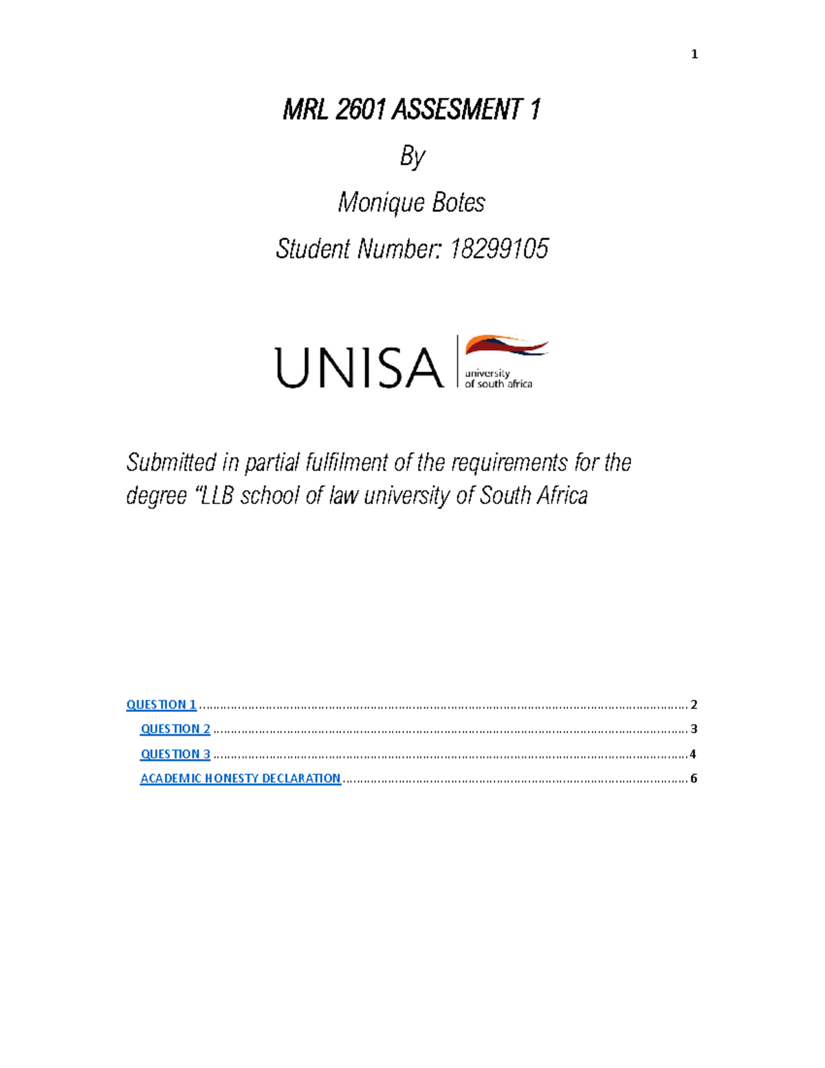 MRL2601 Assesment 1 - MRL 2601 ASSESMENT 1 By Monique Botes Student ...