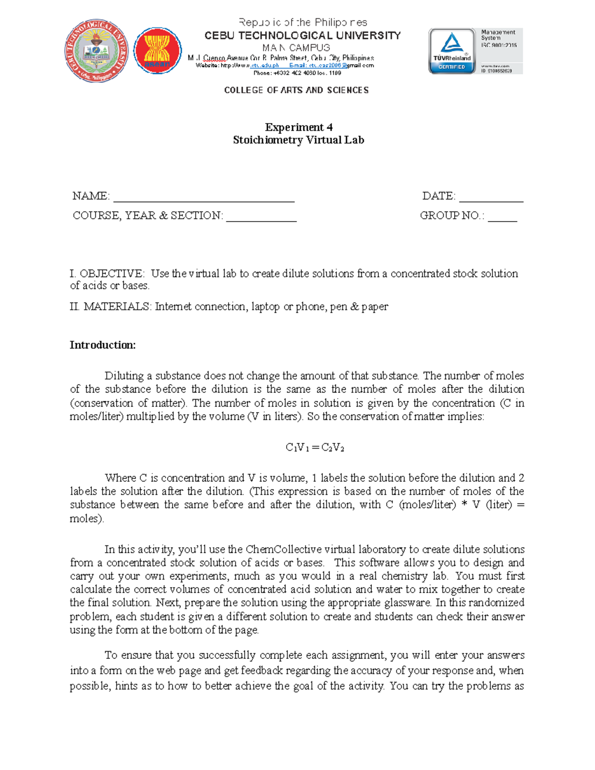 Experiment 4 -Stoichiometry Virtual lab - Experiment 4 Stoichiometry ...