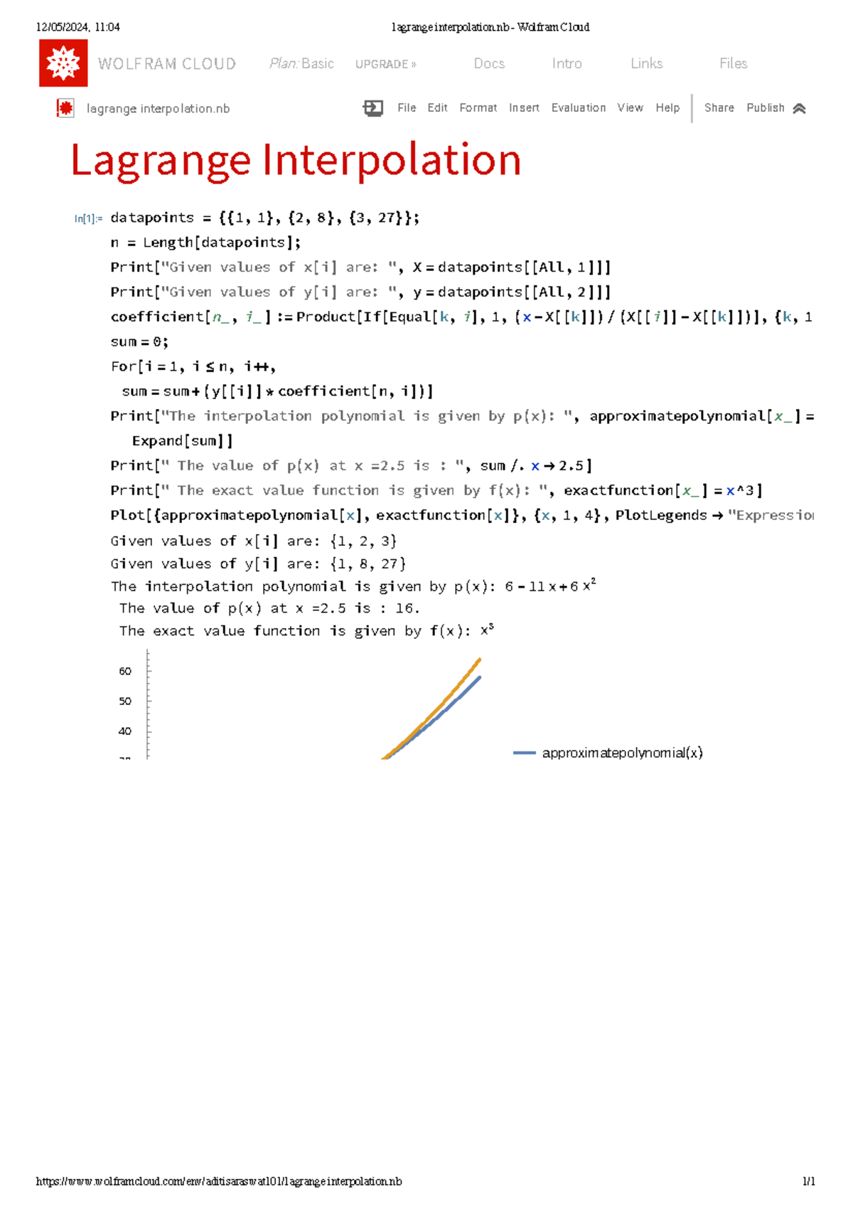 Lagrange interpolation.nb - Wolfram Cloud - WOLFRAM CLOUD Plan: Basic UPGRADE » Docs Intro Links ...