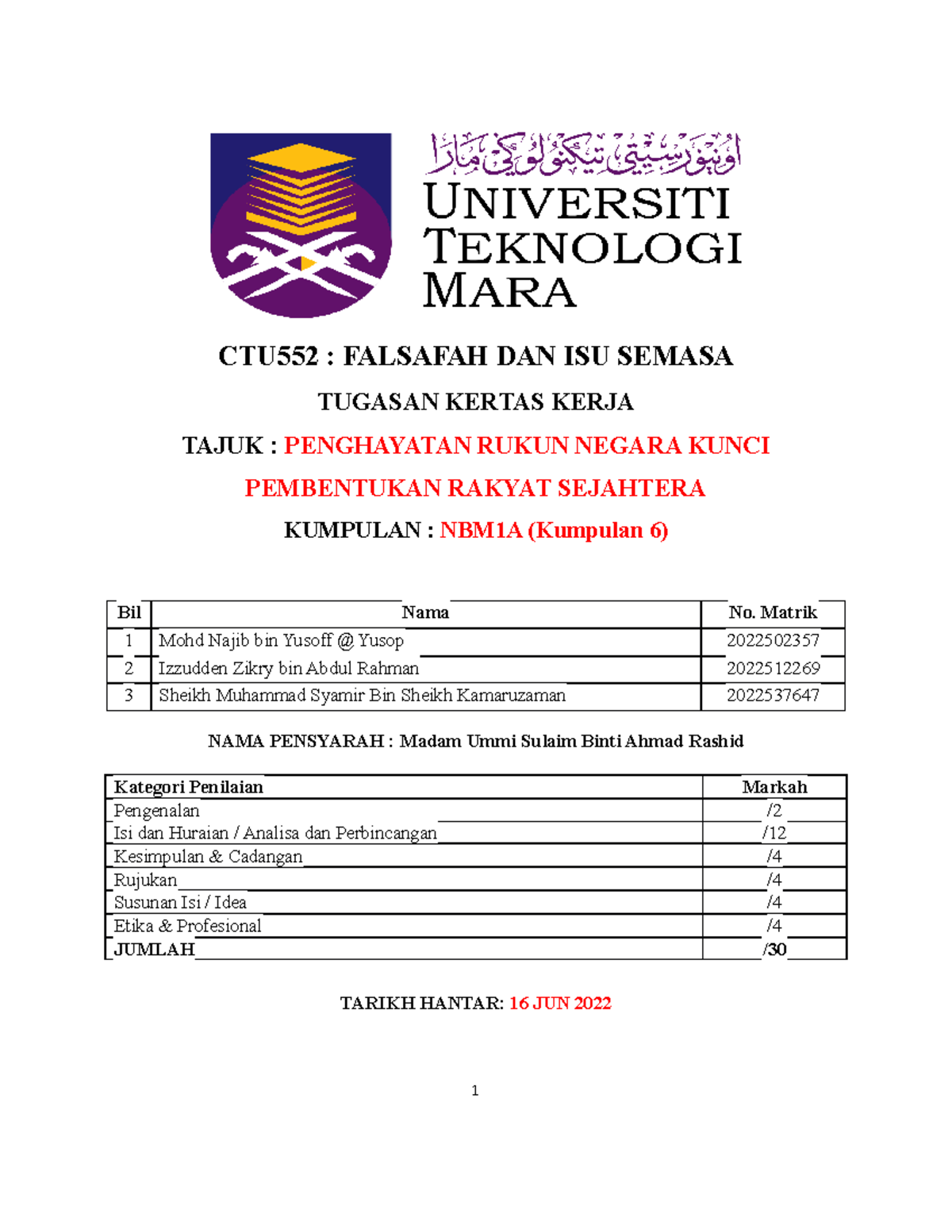 Assignment CTU552 Rukun Negara Kunci Pembentukan Rakyat Sejahtera - CTU552 : FALSAFAH DAN ISU ...