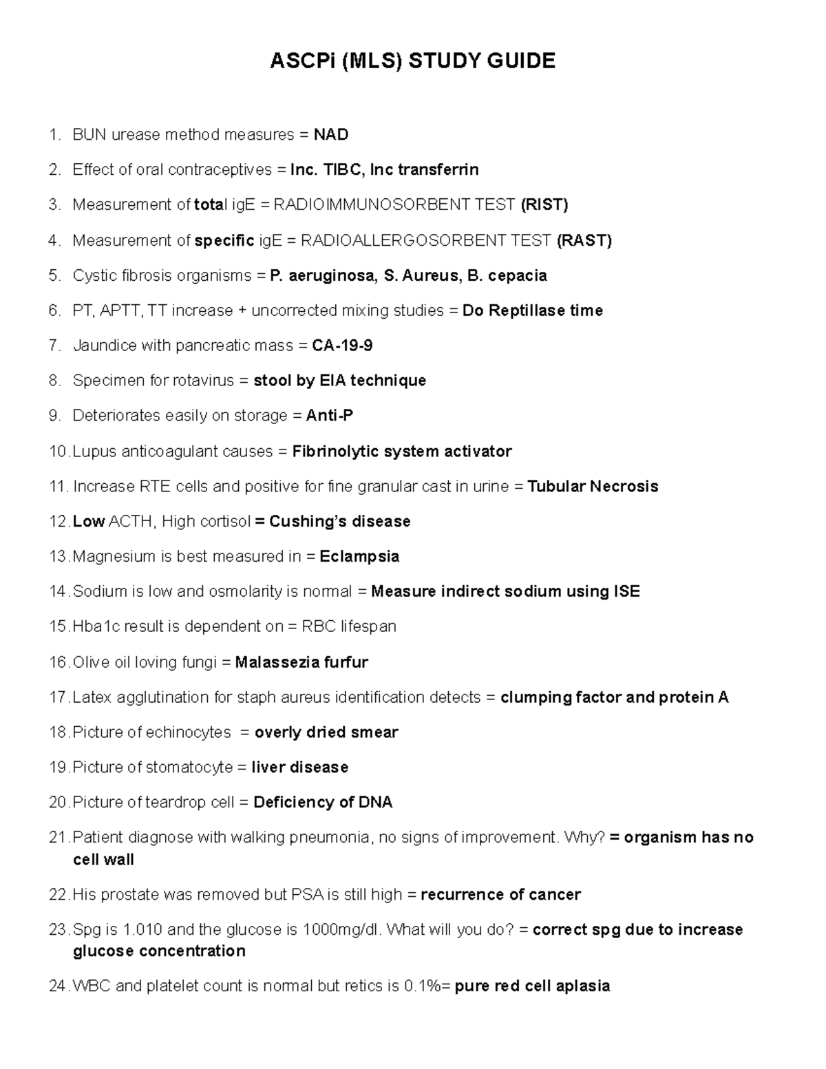 Ascp my study guide - ASCPi (MLS) STUDY GUIDE 1. BUN urease method ...
