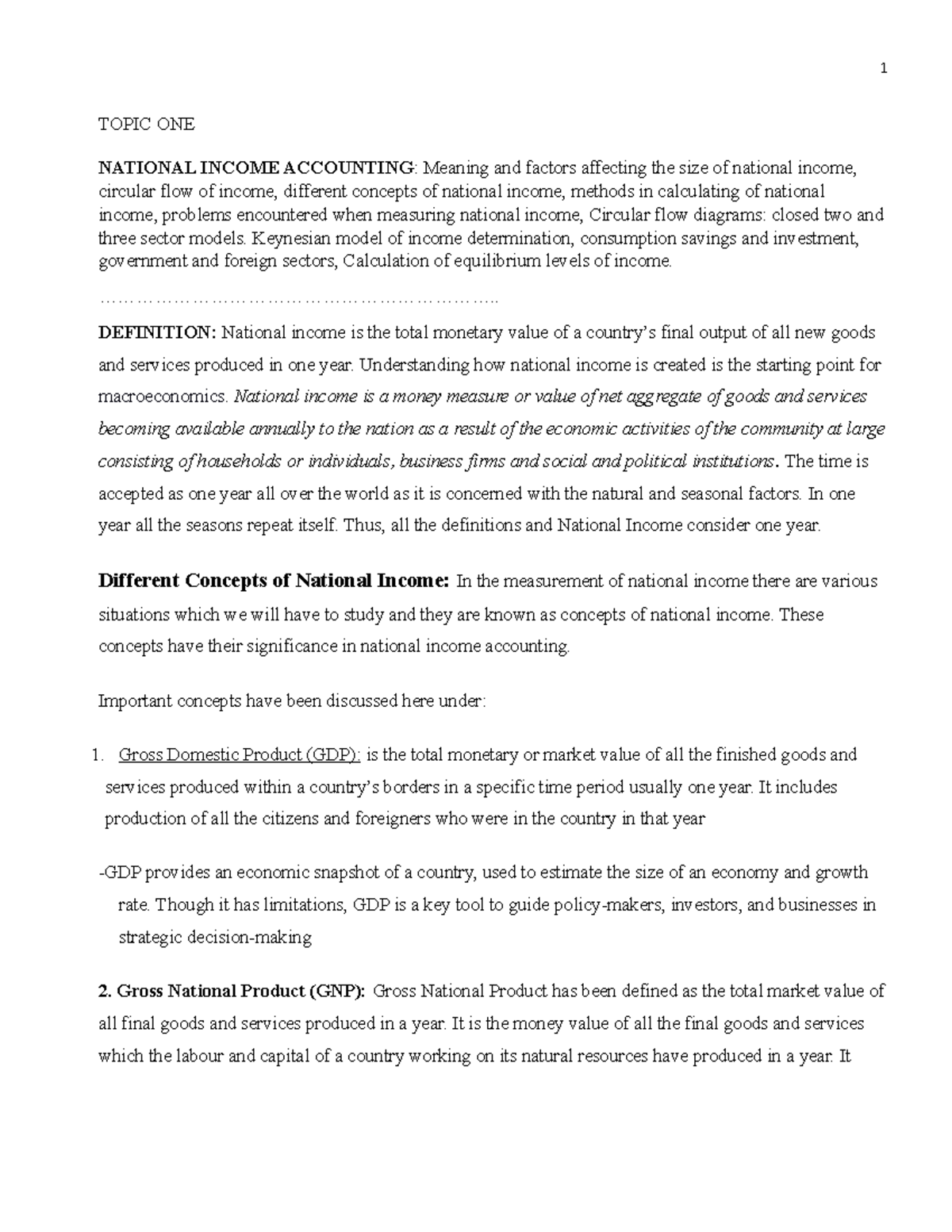 Topic ONE A National Income - TOPIC ONE NATIONAL INCOME ACCOUNTING ...