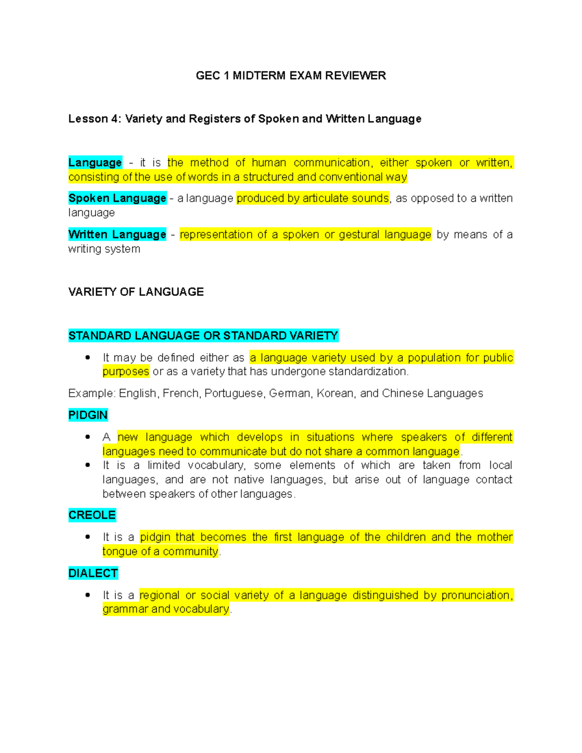 Purposive Communication Midterms EXAM Reviewer - GEC 1 MIDTERM EXAM REVIEWER Lesson 4: Variety ...
