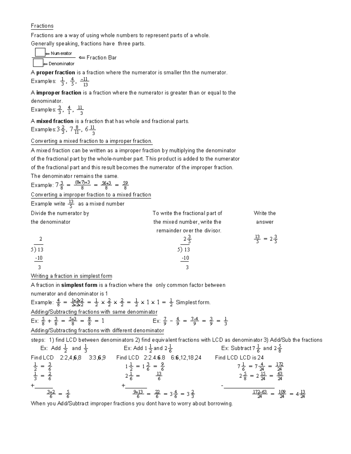 Fractionss - NOTES - Fractions Fractions are a way of using whole ...