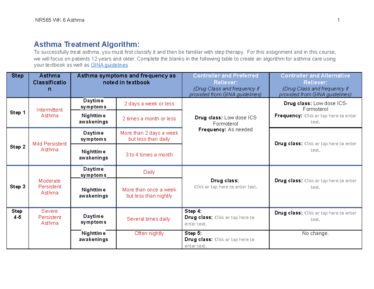 WK6 Asthma assignment - work - Asthma Treatment Algorithm: To successfully treat asthma, you ...