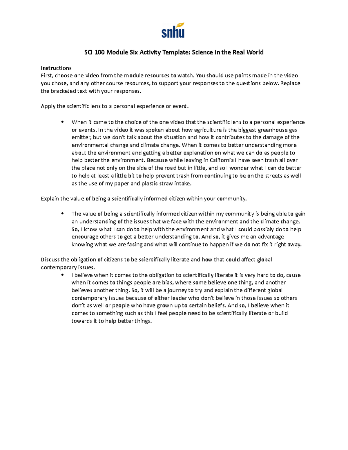 SCI 100 Module Six Activity Template - You should use points made in ...