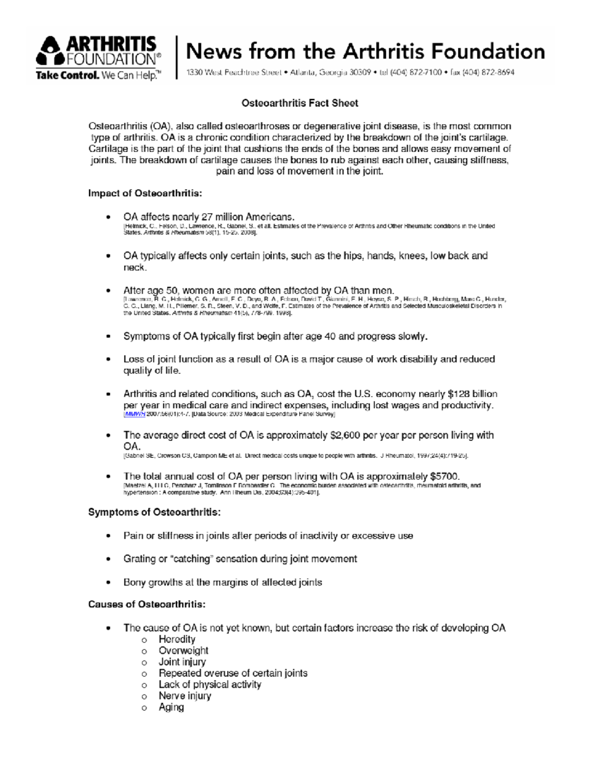 Osteoarthritis Fact Sheet Osteoarthritis (OA), also called - ARTHRITIS ...