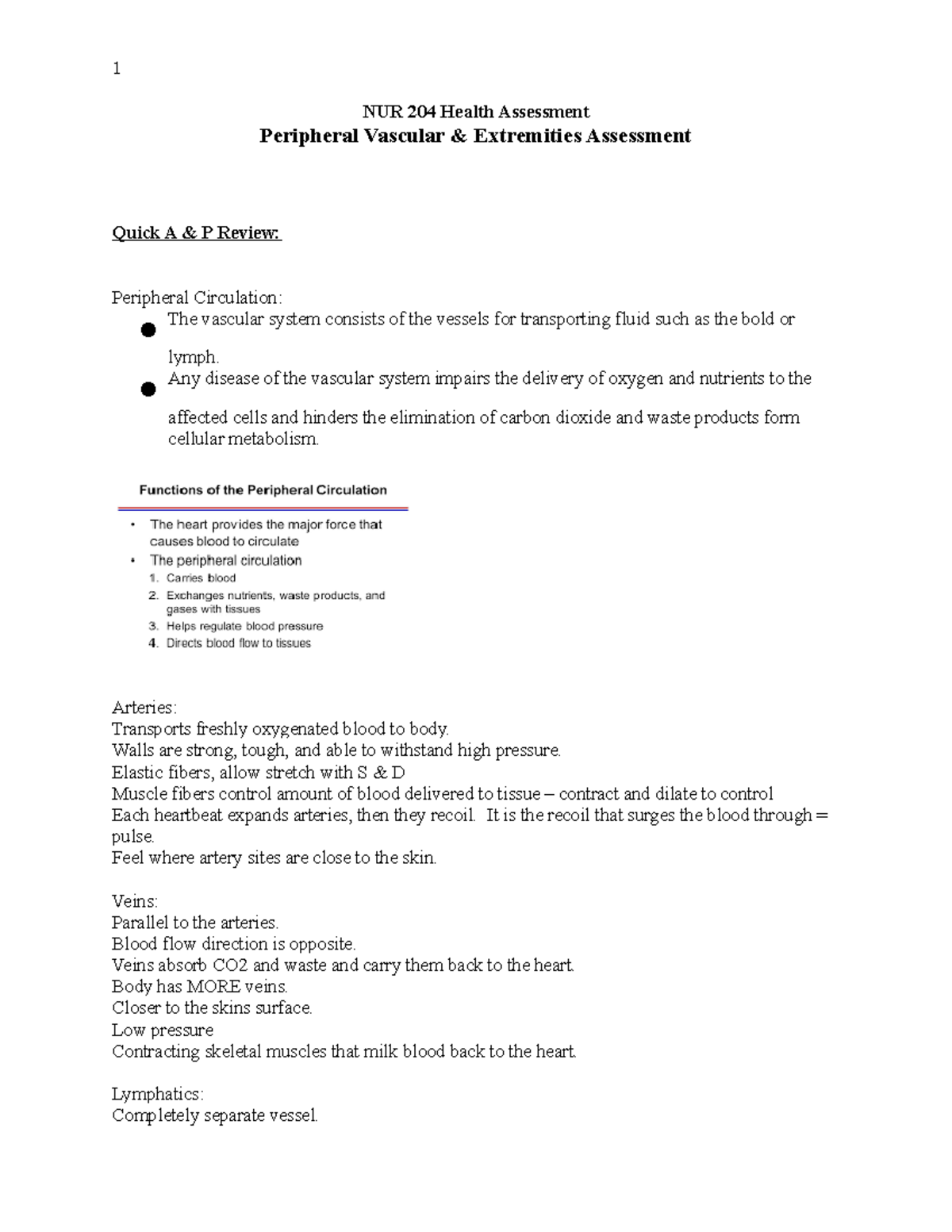 Peripheral Vascular System Checklist - NUR 204 Health Assessment ...