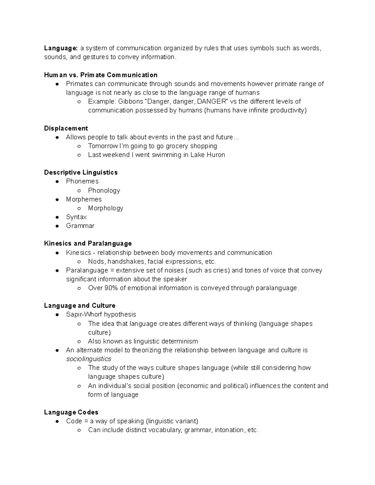 AN100 WEEK Three Notes - Language: a system of communication organized ...