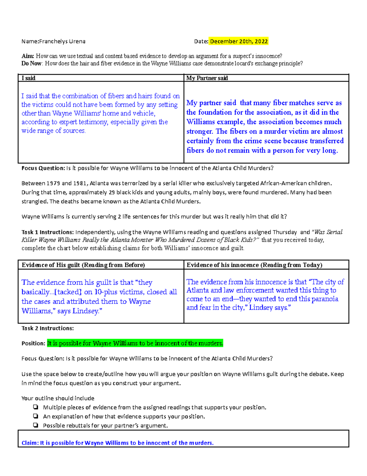 Fr - Forensic science assignment about Wayne Williams - Name:Franchelys ...