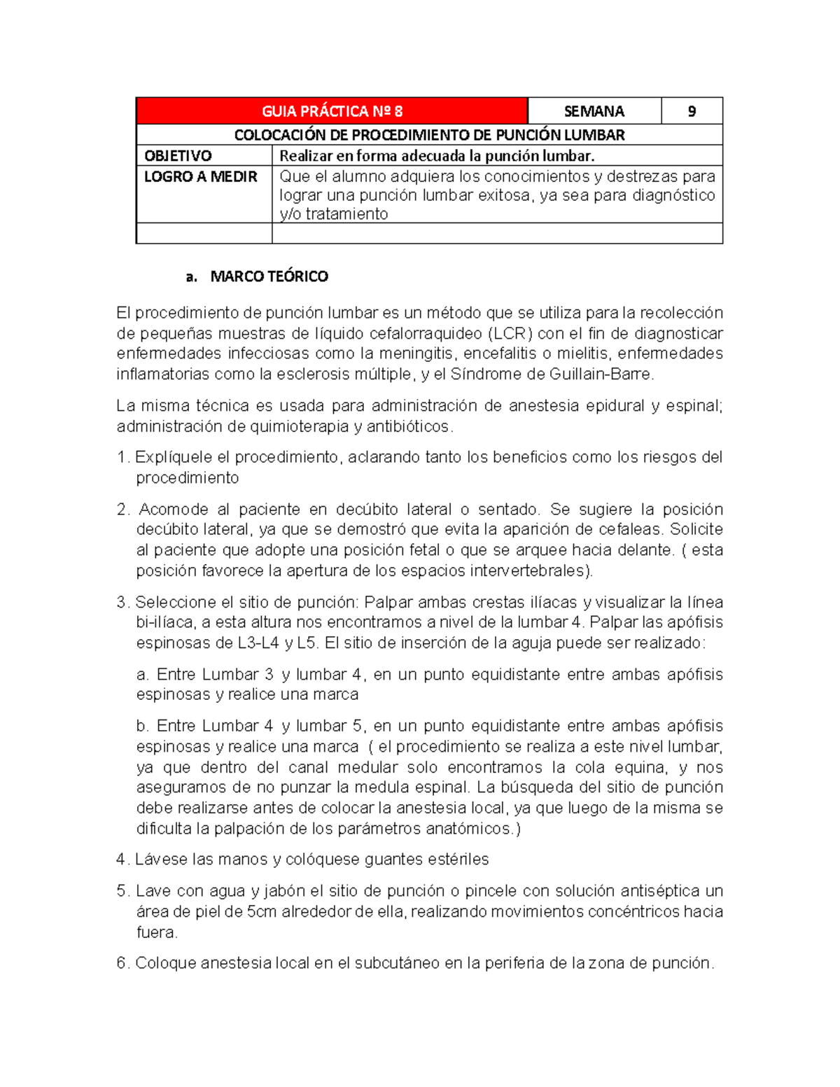 Práctica N° 9 - Punción l - GUIA PRÁCTICA Nº 8 SEMANA 9 COLOCACIÓN DE ...
