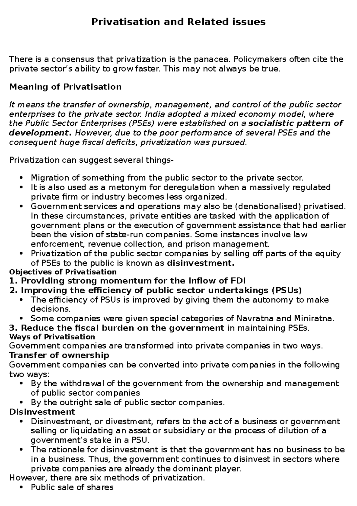 Privatisation and Related issues - Policymakers often cite the private ...