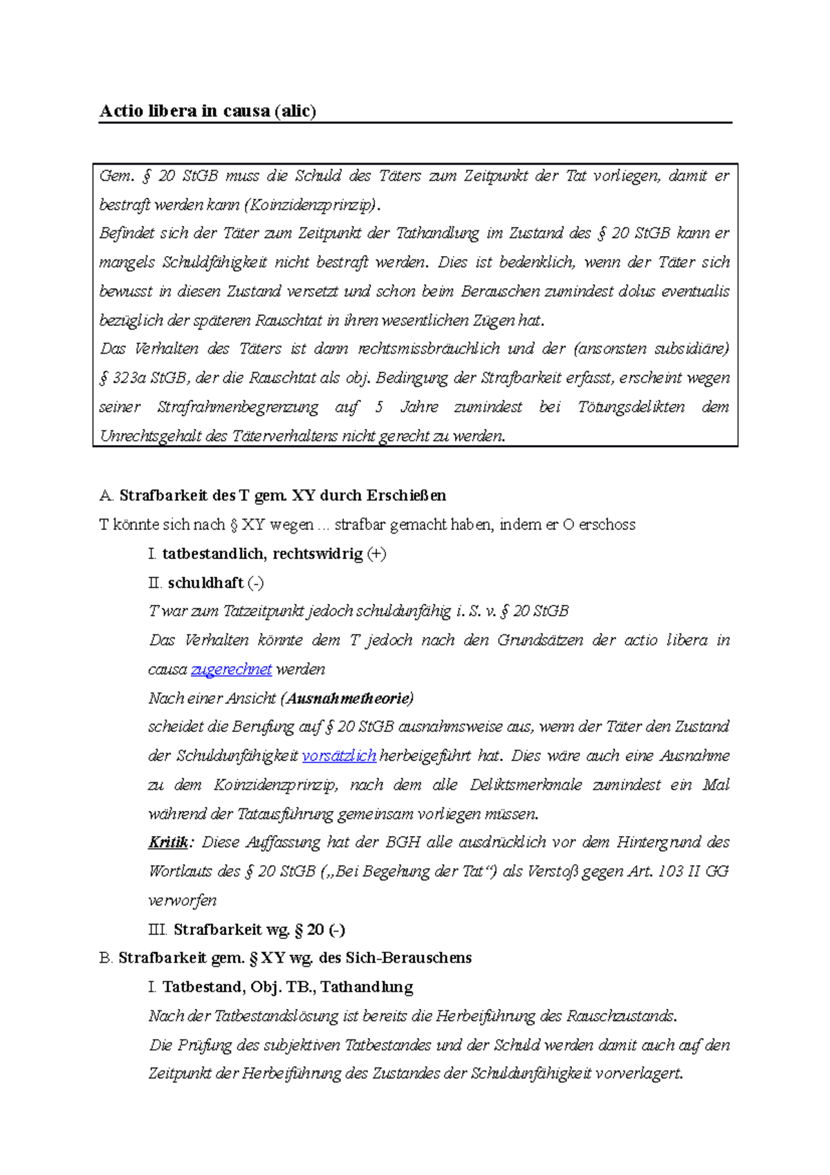 Vorsätzl. Actio libera in causa - StrafRecht II - AT II und BT I - UHH - Studocu