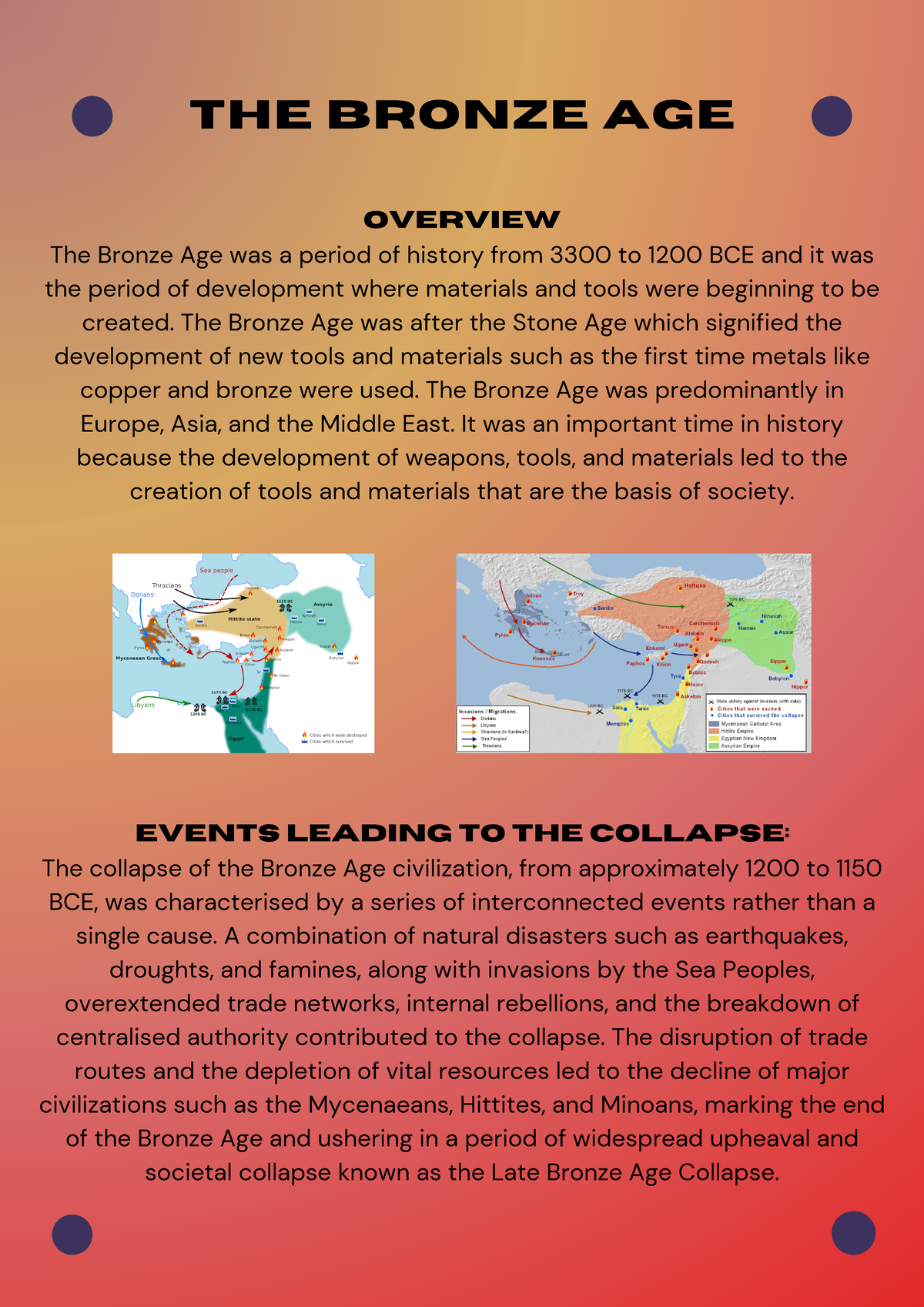 The bronze age - Overview The Bronze Age was a period of history from 3300 to 1200 BCE and it ...