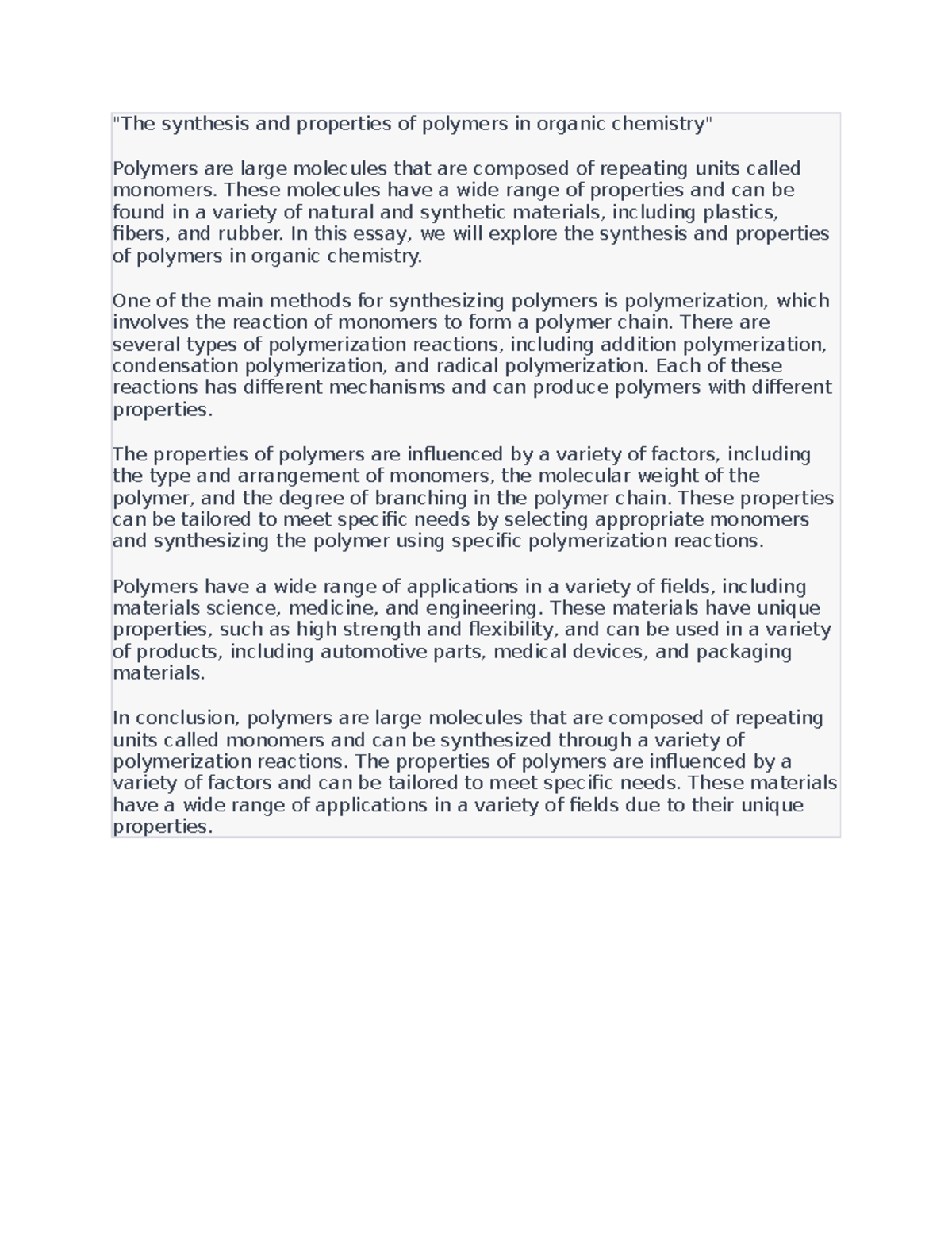 The synthesis and properties of polymers in organic chemistry - "The ...