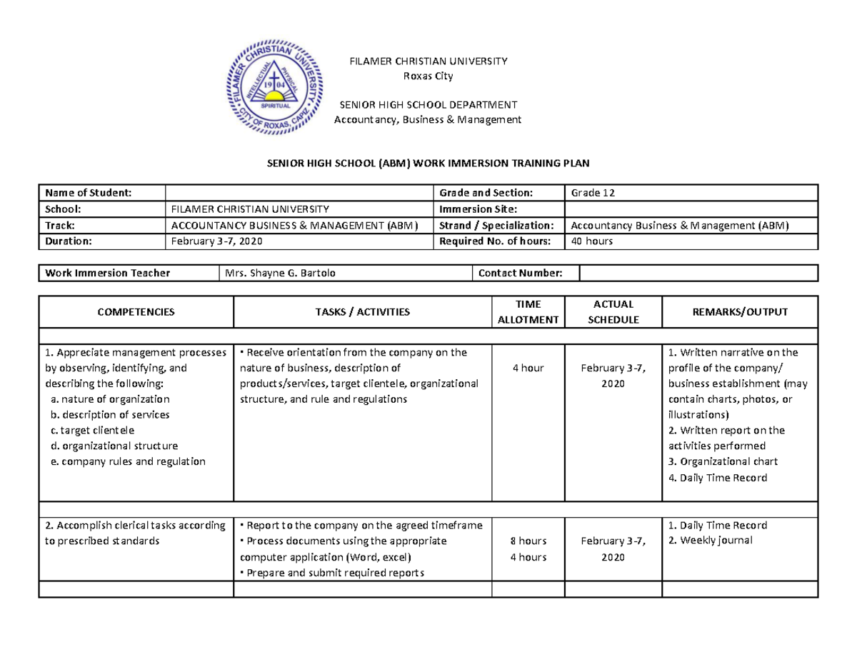 Work immersion training plan abm - FILAMER CHRISTIAN UNIVERSITY Roxas ...
