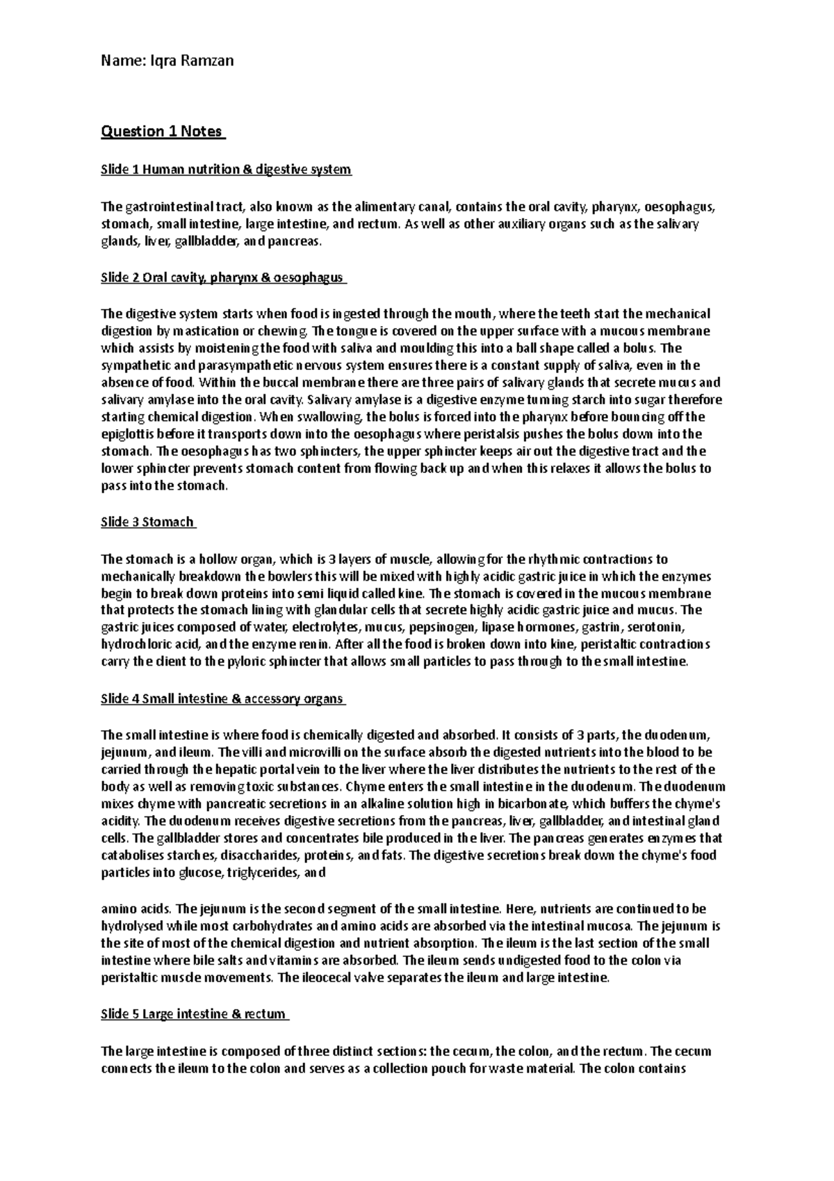 Question 1, notes - Question 1 Notes Slide 1 Human nutrition ...