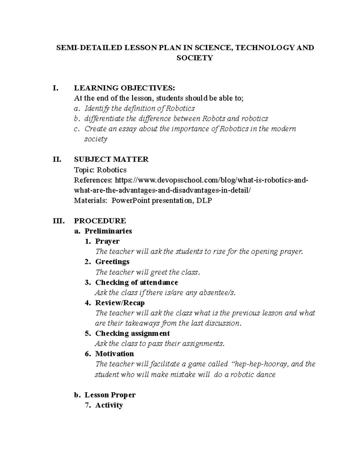 Lesson Plan STS - SEMI-DETAILED LESSON PLAN IN SCIENCE, TECHNOLOGY AND ...