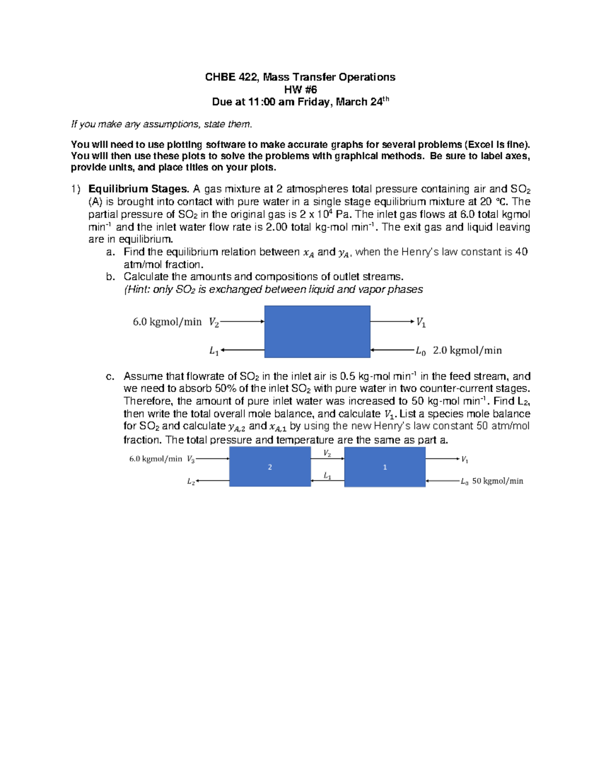 Homework 06 - 2023 - hw 6 - CHBE 422, Mass Transfer Operations HW # Due ...