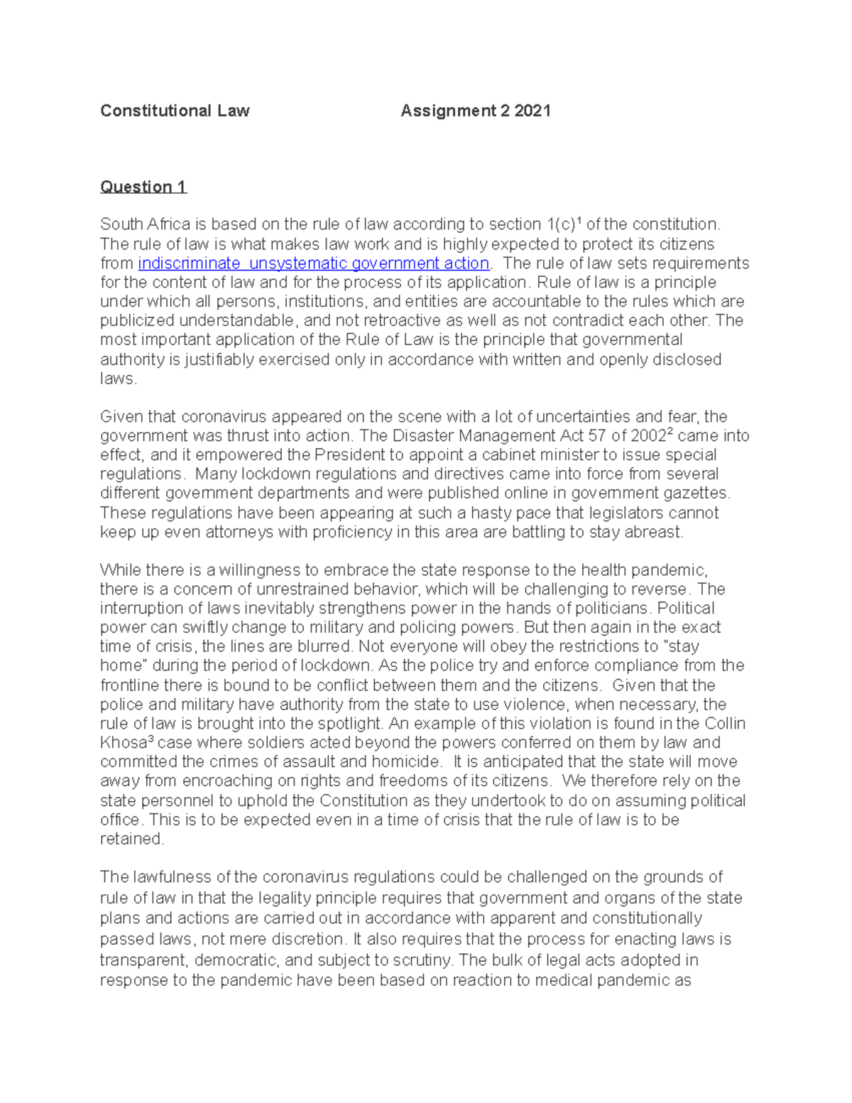 Assignment 2 CSL - Constitutional Law Assignment 2 2021 Question 1 South Africa is based on the ...