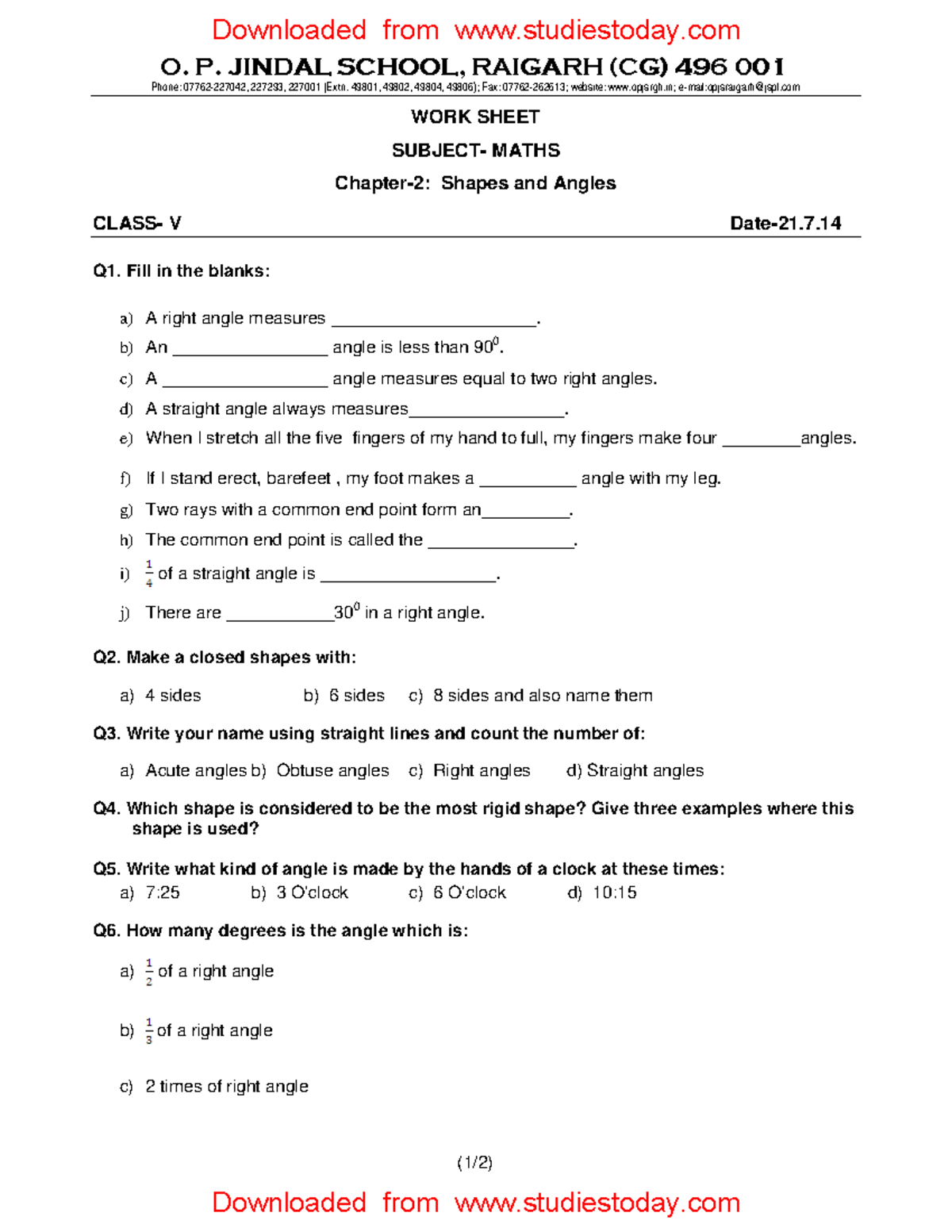 CBSE Class 5 Mathematics Worksheet- Shapes and Angles - Englisch - Studocu