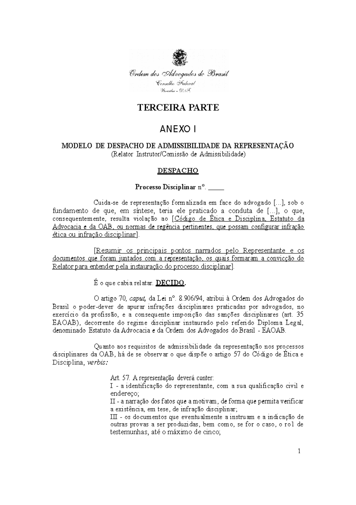 Modelo Despacho de Admissibilidade - TERCEIRA PARTE ANEXO I MODELO DE DESPACHO DE ...