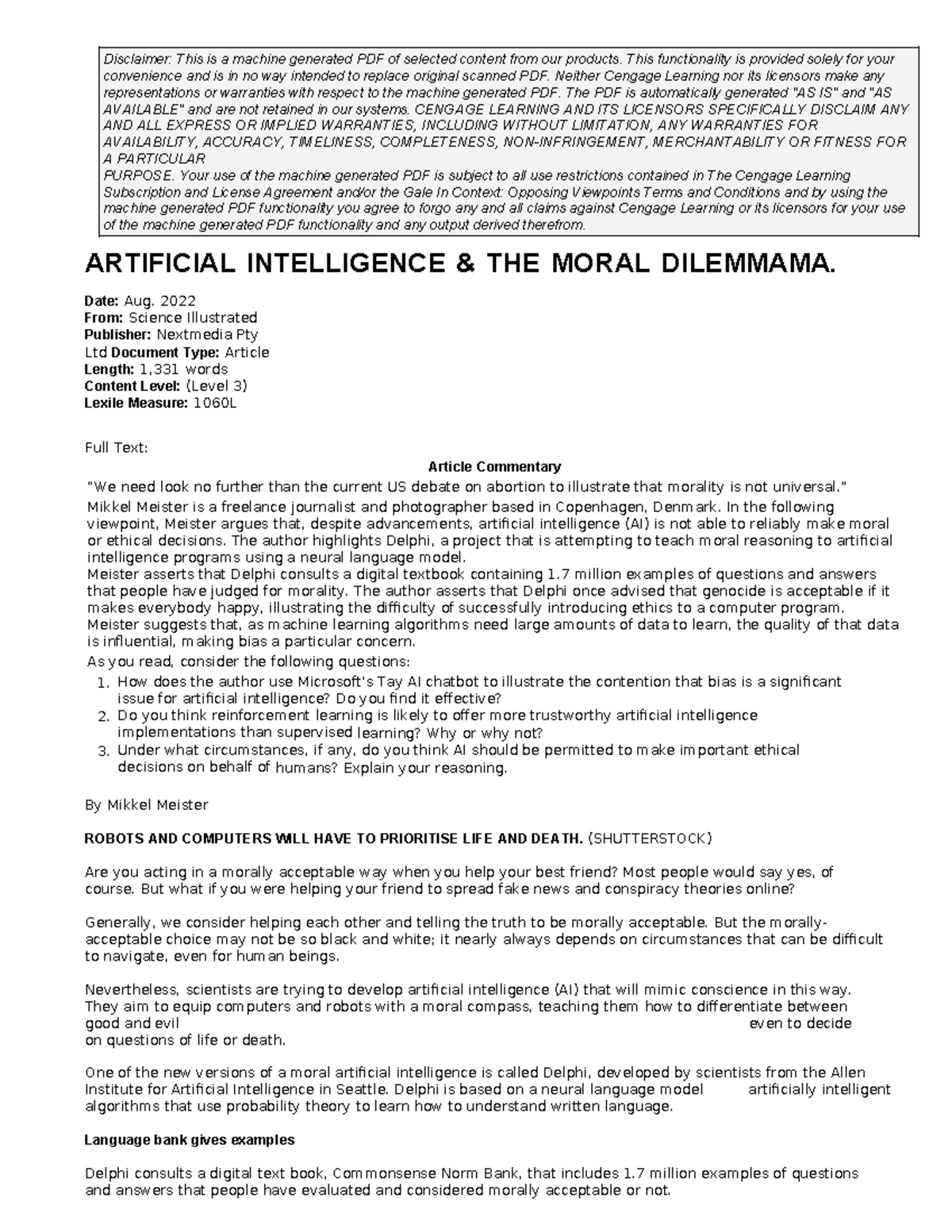 Artificial Intelligence THE M - Disclaimer: This is a machine generated ...