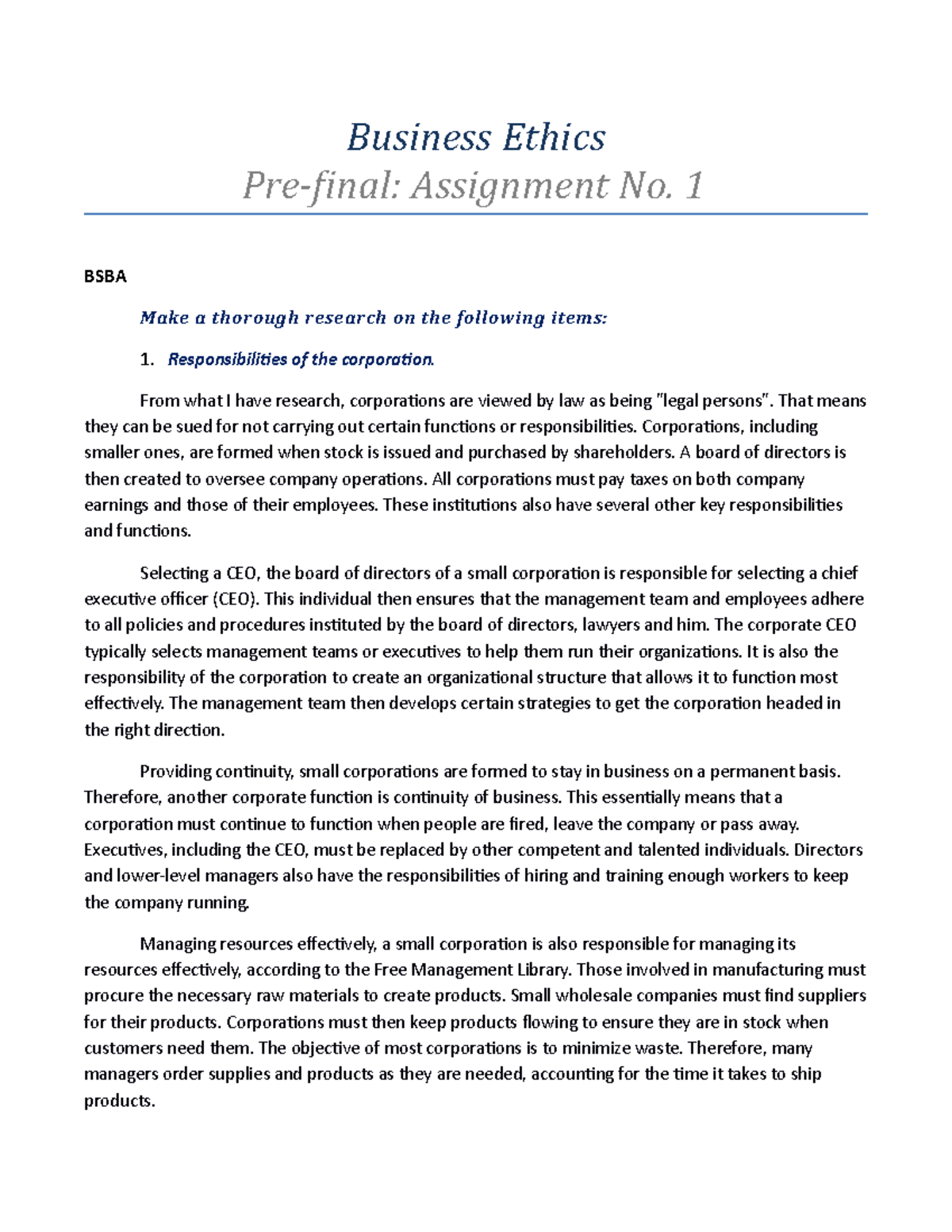 BSBA Prefinal Assign 1 Bus Ethics - Business Ethics Pre-final ...