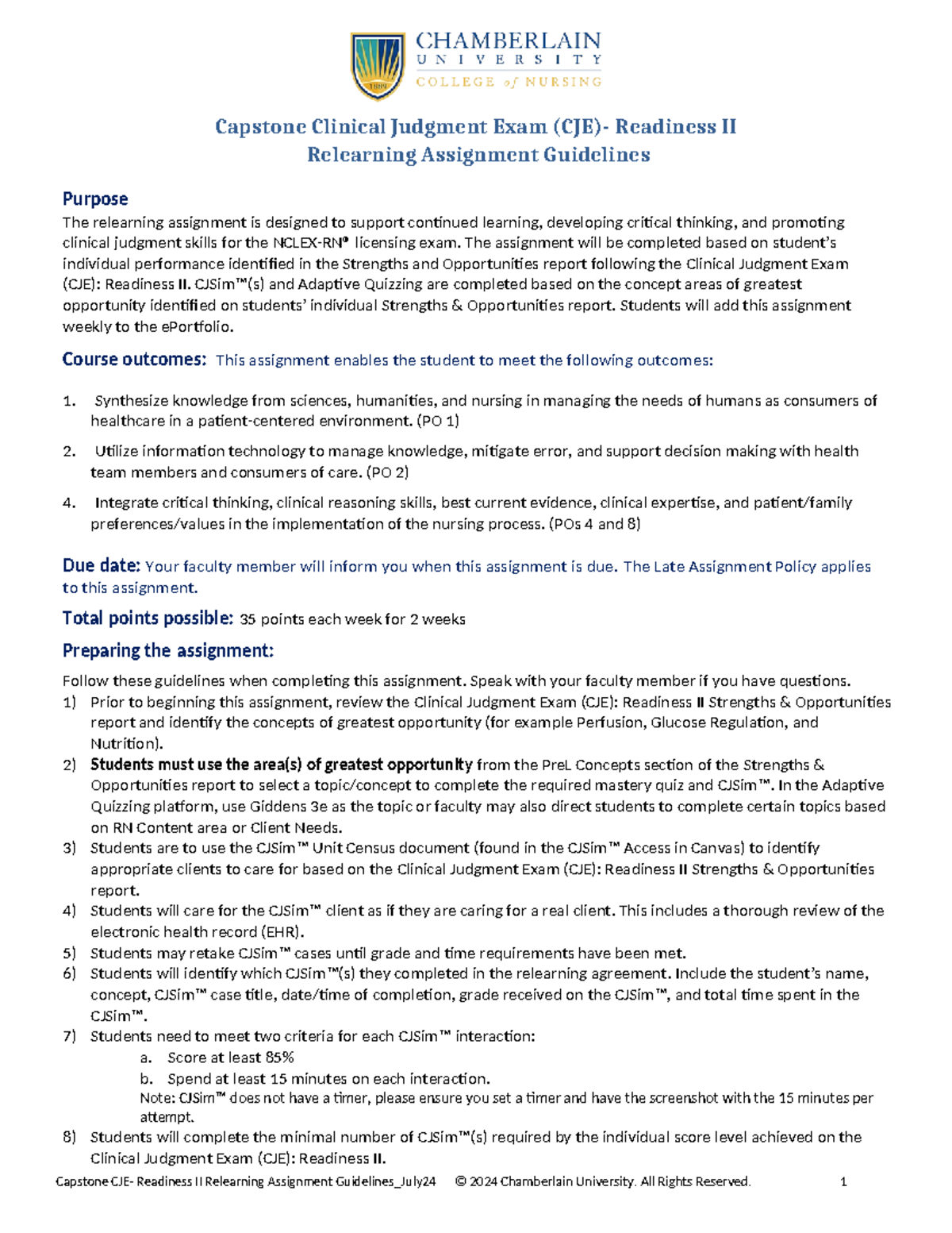 Capstone Clinical Judgment Exam Readiness II Relearning Assignment Guidelines July24 - Capstone ...