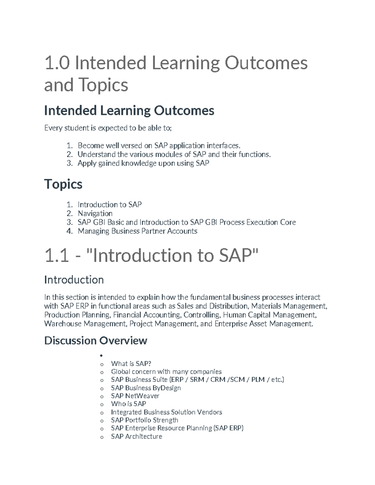Lectures and notes in SAP - 1 Intended Learning Outcomes and Topics ...