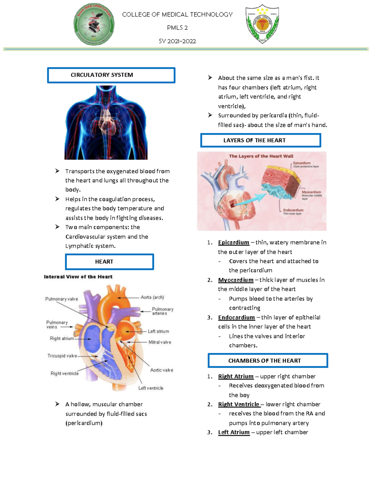PMLS 2 Prelim - Notes - PMLS 2 SY 2021- CIRCULATORY SYSTEM Transports ...